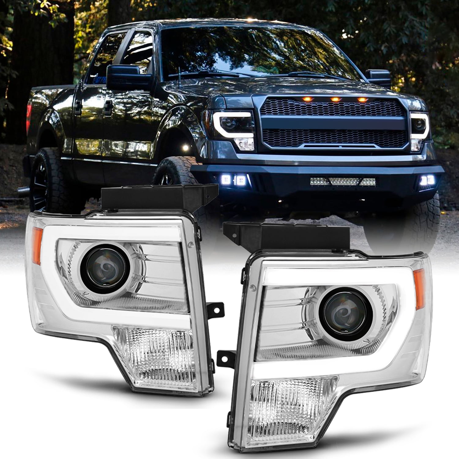 AKKON - Chrome Clear LED Tube Projector Headlights for 09-14 Ford F-150 ...
