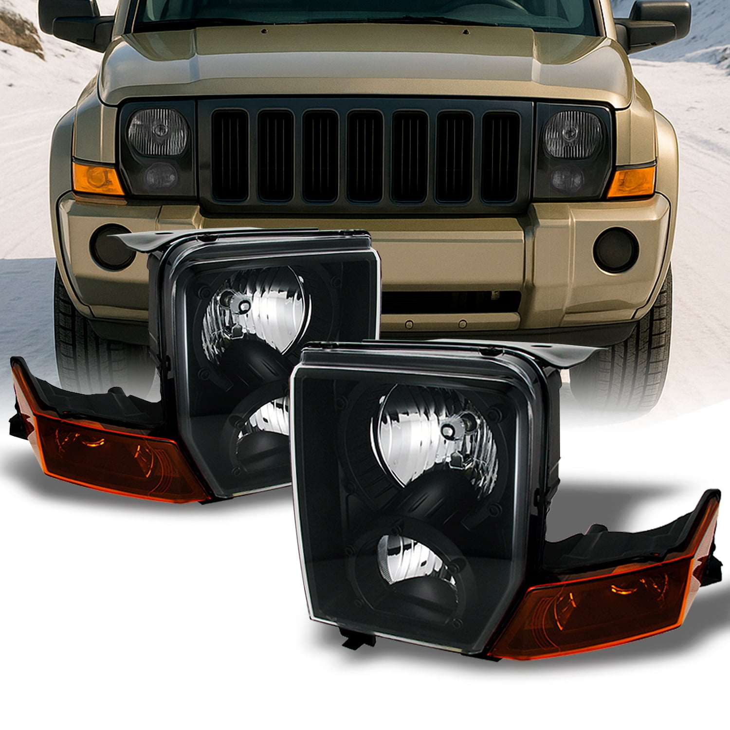 AKKON - Jeep Commander SUV Amber Black Replacement Headlights, Driver ...