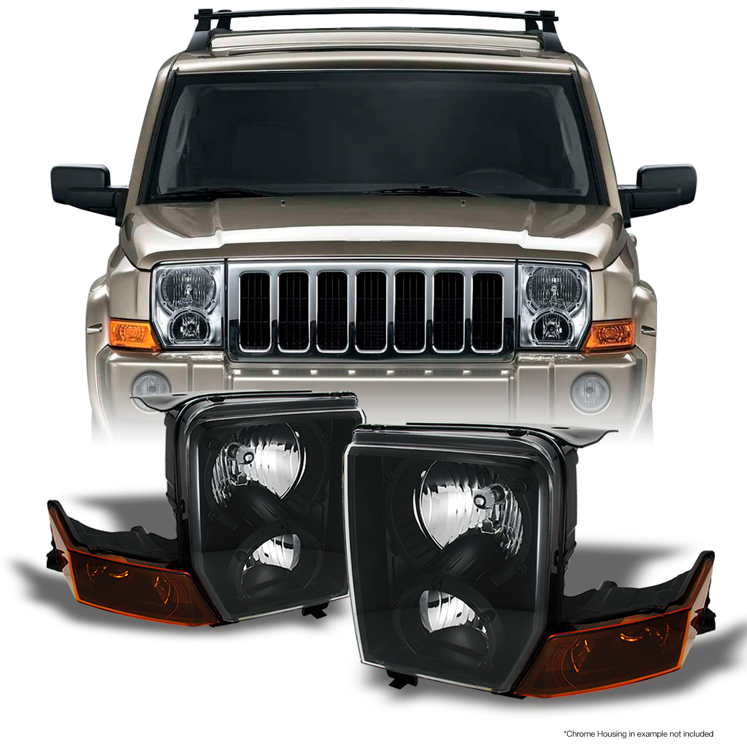Xtune Jeep Commander 06-10 Crystal Headlights Black HD-JH-JCOM06-AM-BK ...