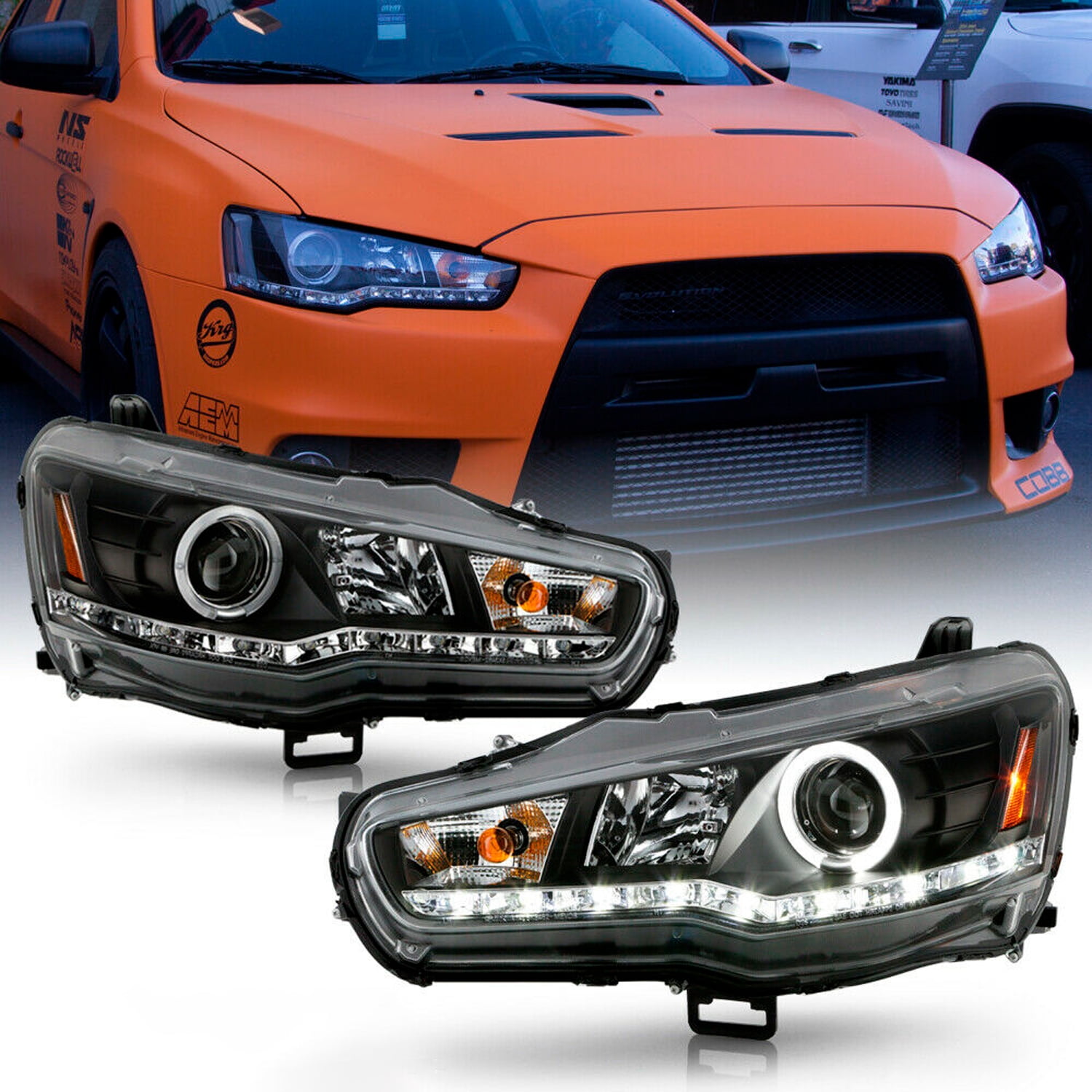 AKKON - For Mitsubishi Lancer Evolution CZ4A EVO X Black Bezel Halo DRL ...
