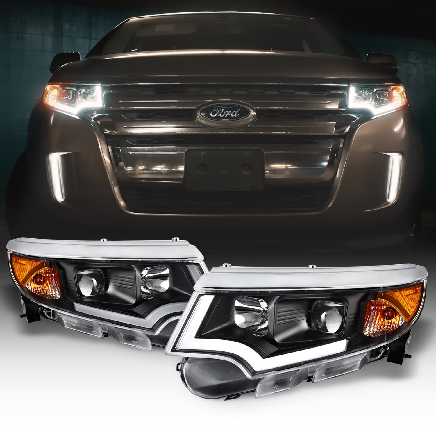 AKKON Front LED DRL Black Projector Headlights for 2011-2014 Ford Edge ...
