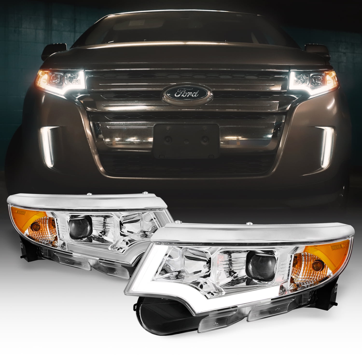 AKKON Projector Chrome Lens Headlights, LED DRL, Fits 2011-2014 Ford ...