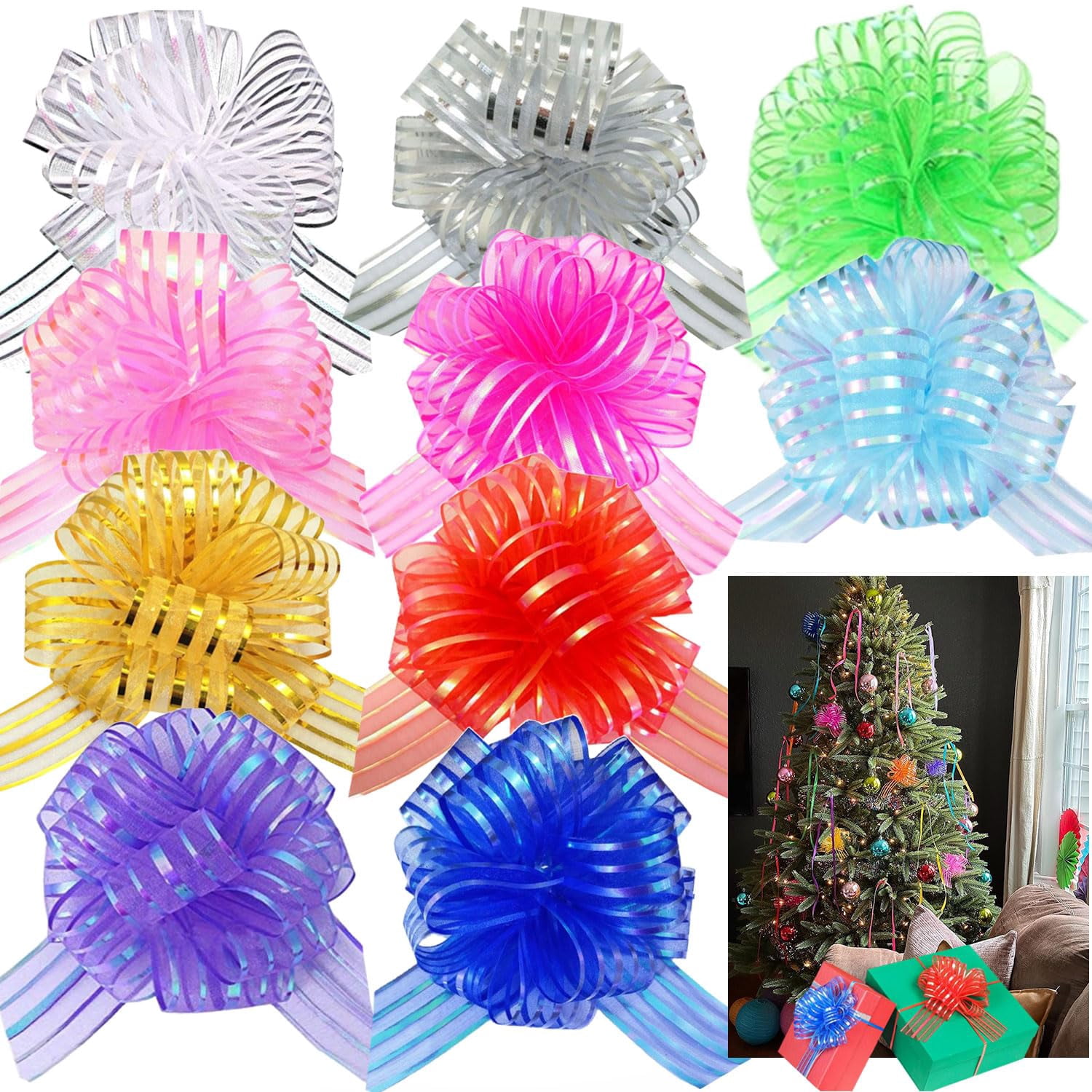 AKLVBL Multicolor Pull Bows Large Organza Gift Wrapping Bow 20 Pieces ...