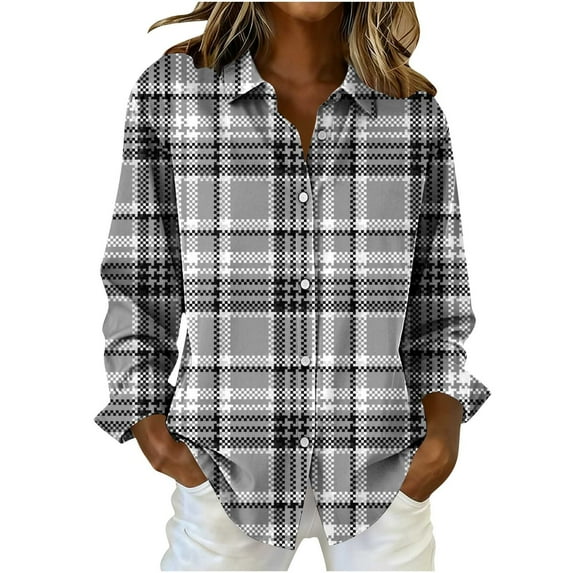 AKOEE Button Down Plaid Shirts for Women Regular Fit Long Sleeve Casual ...