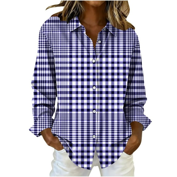 AKOEE Button Down Plaid Shirts for Women Regular Fit Long Sleeve Casual ...