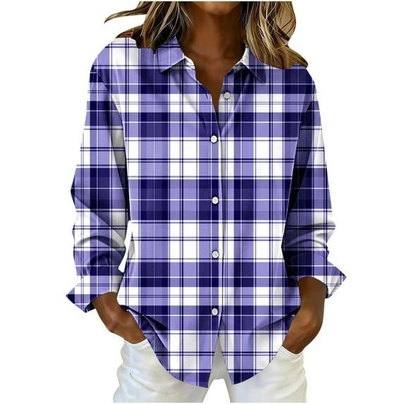 AKOEE Button Down Plaid Shirts for Women Regular Fit Long Sleeve Casual ...