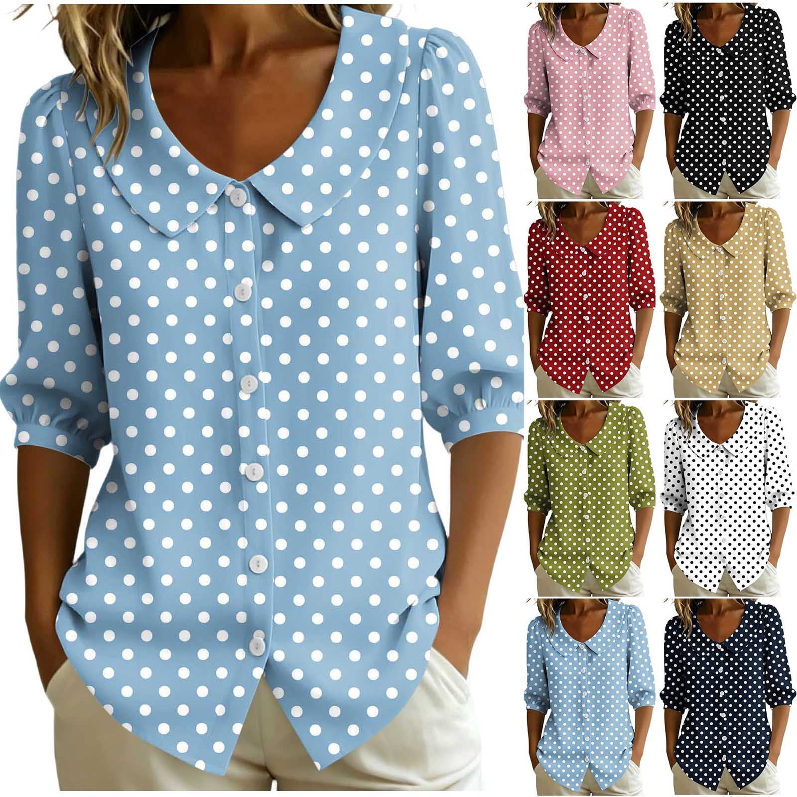 AKOEE Button Down Shirts Women Polka Dots Print 3/4 Sleeve Retro Trendy ...