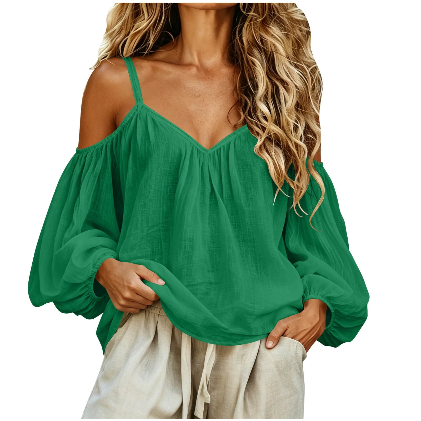AKOEE Cold Shoulder Tops for Women Trendy Strappy Long Sleeve Baggy ...