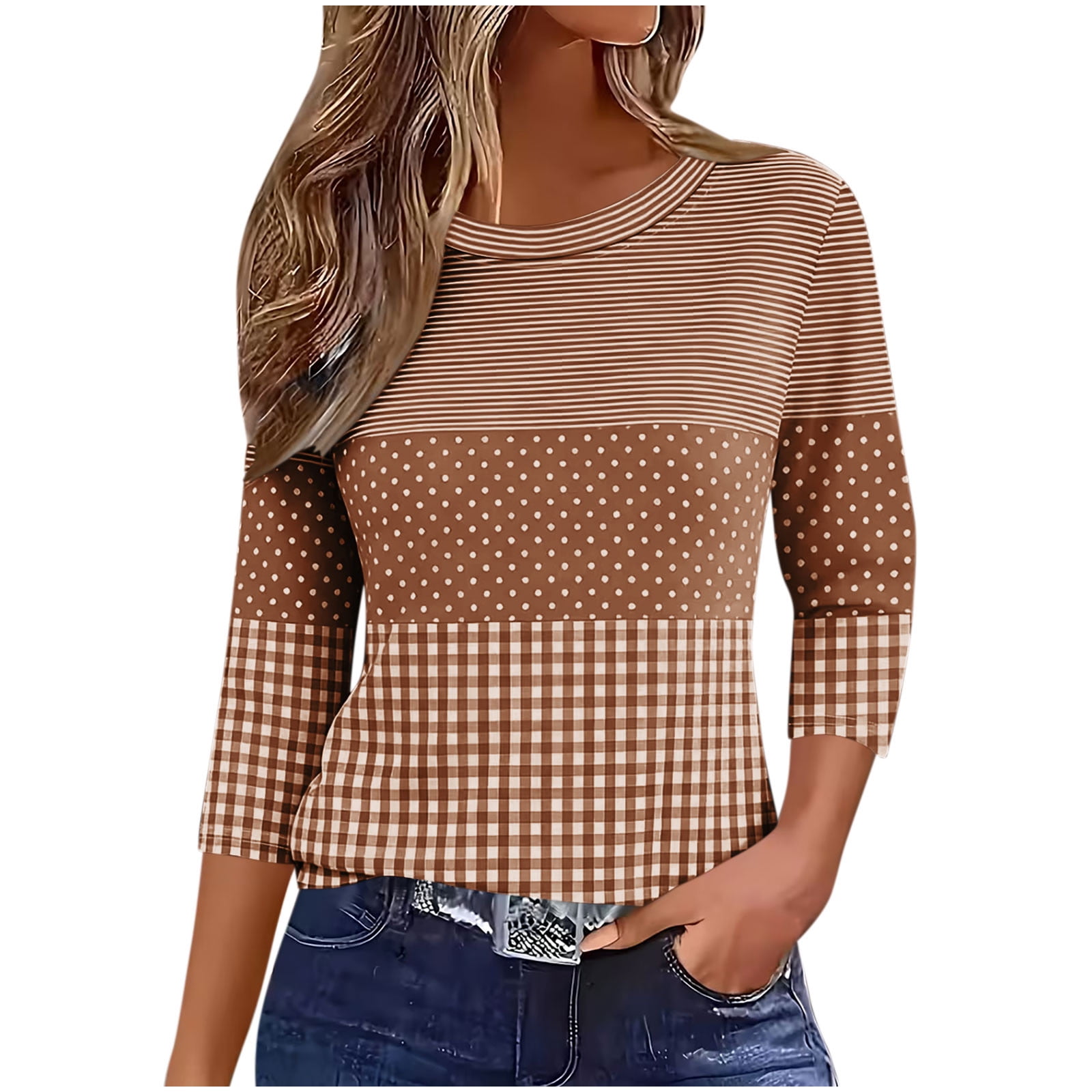 AKOEE Colorblock Tops for Women Striped Polka Dots Print Graphic Base ...