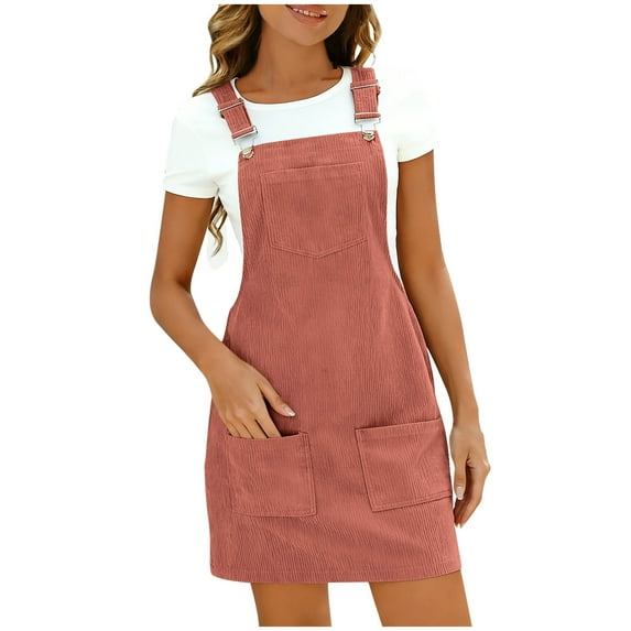 AKOEE Corduroy Overall Bibs for Women One Piece Mini Dress with 3 ...