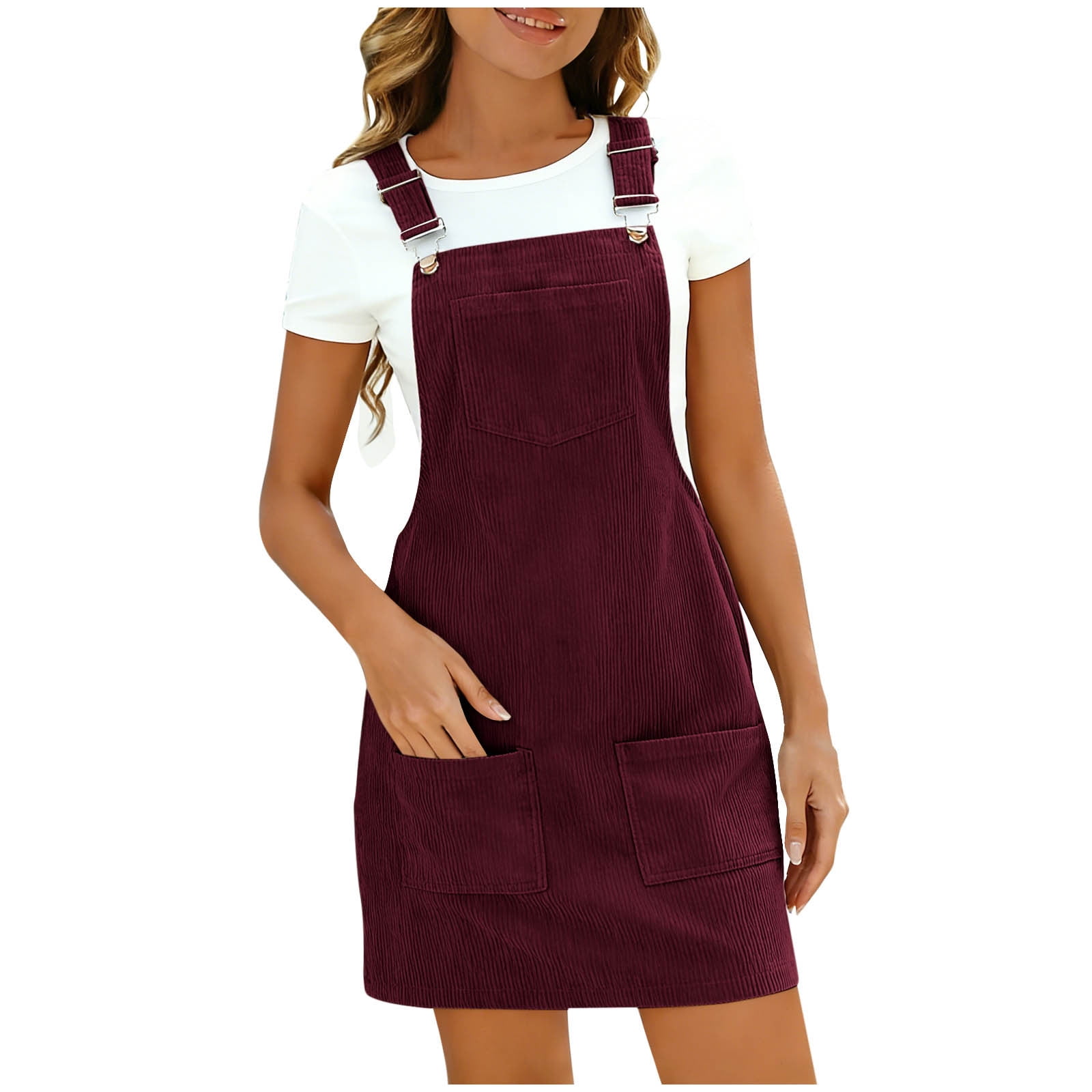 AKOEE Corduroy Overall Bibs for Women One Piece Mini Dress with 3 ...