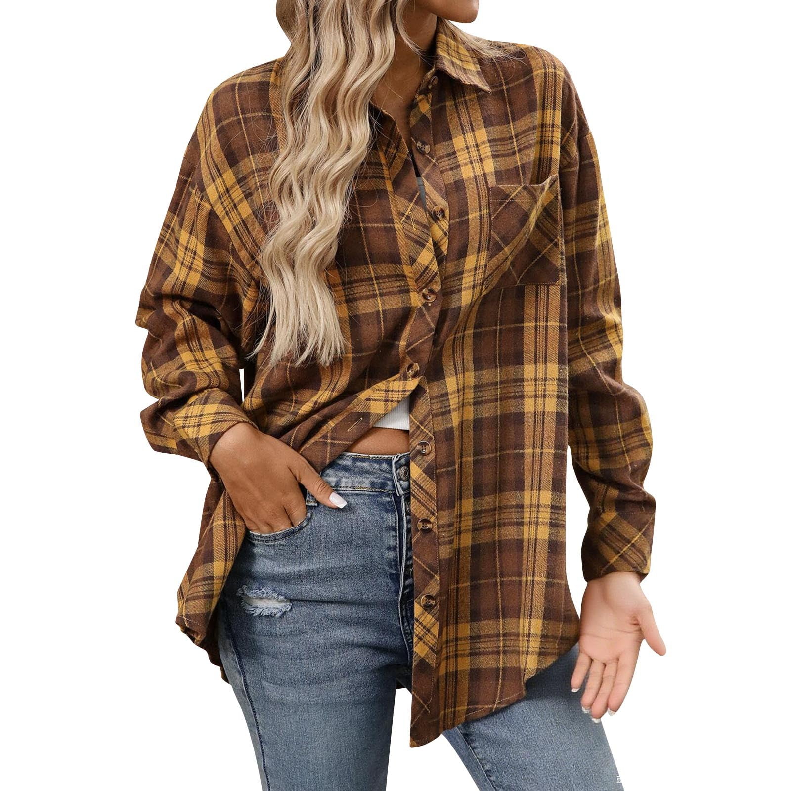 AKOEE Cotton Flannel Shackets Womens Button Down Plaid Shirt Jacket ...