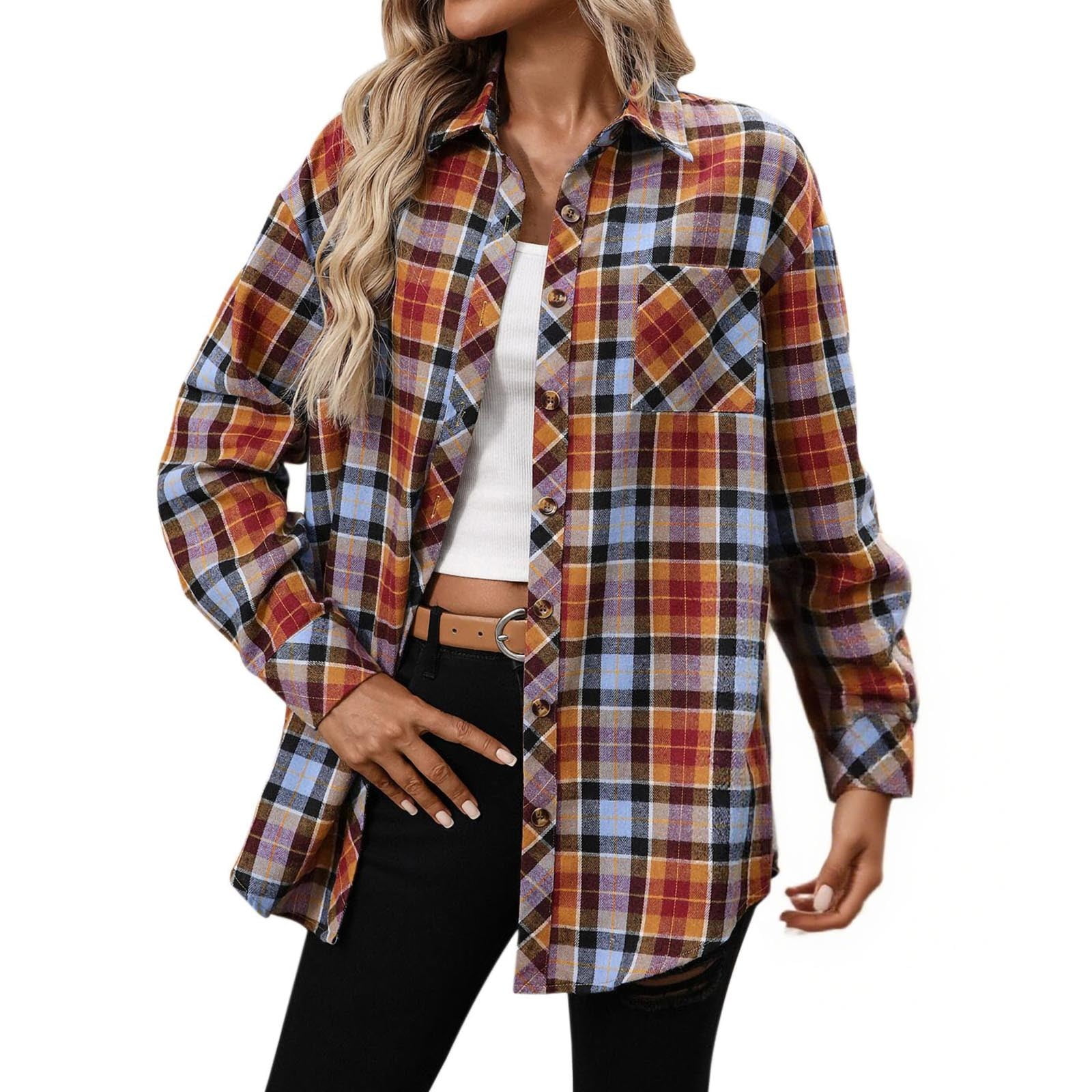 AKOEE Cotton Flannel Shackets Womens Button Down Plaid Shirt Jacket ...