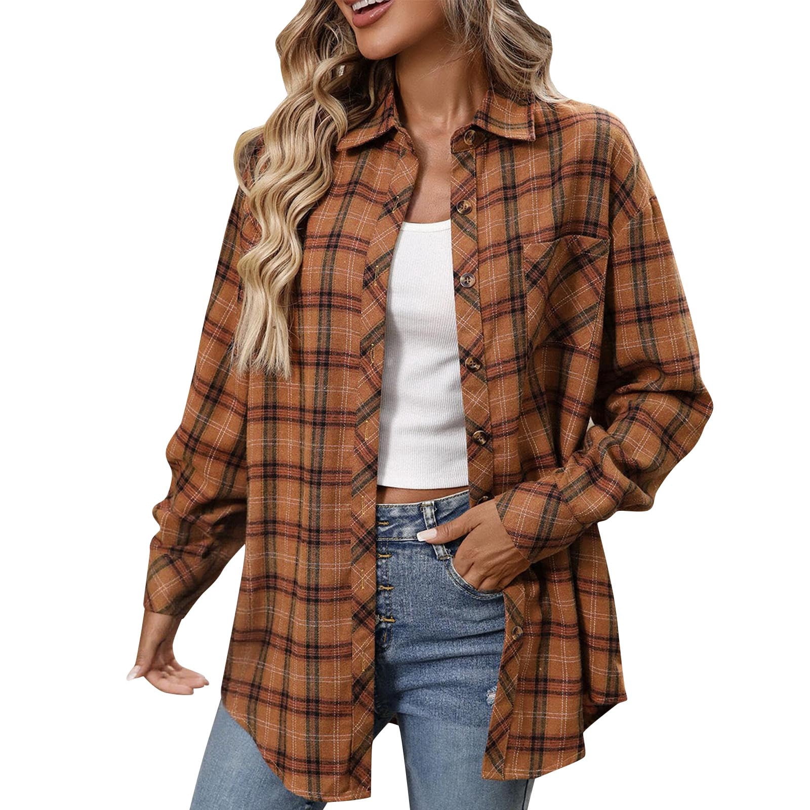 AKOEE Cotton Flannel Shackets Womens Button Down Plaid Shirt Jacket ...