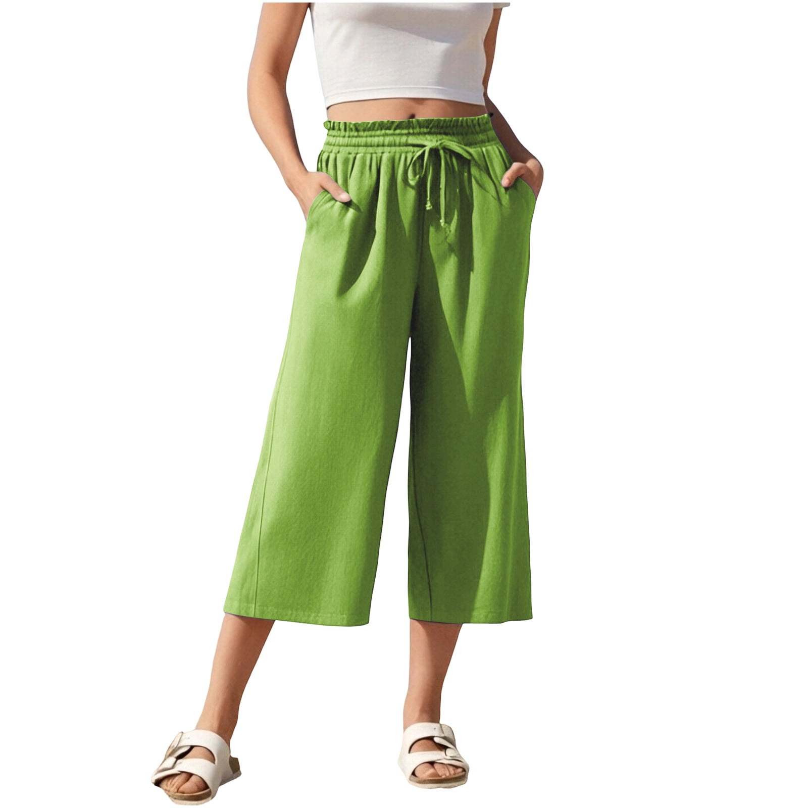 AKOEE Cotton Linen Capris for Women with Pockets Drawstring Elastic ...