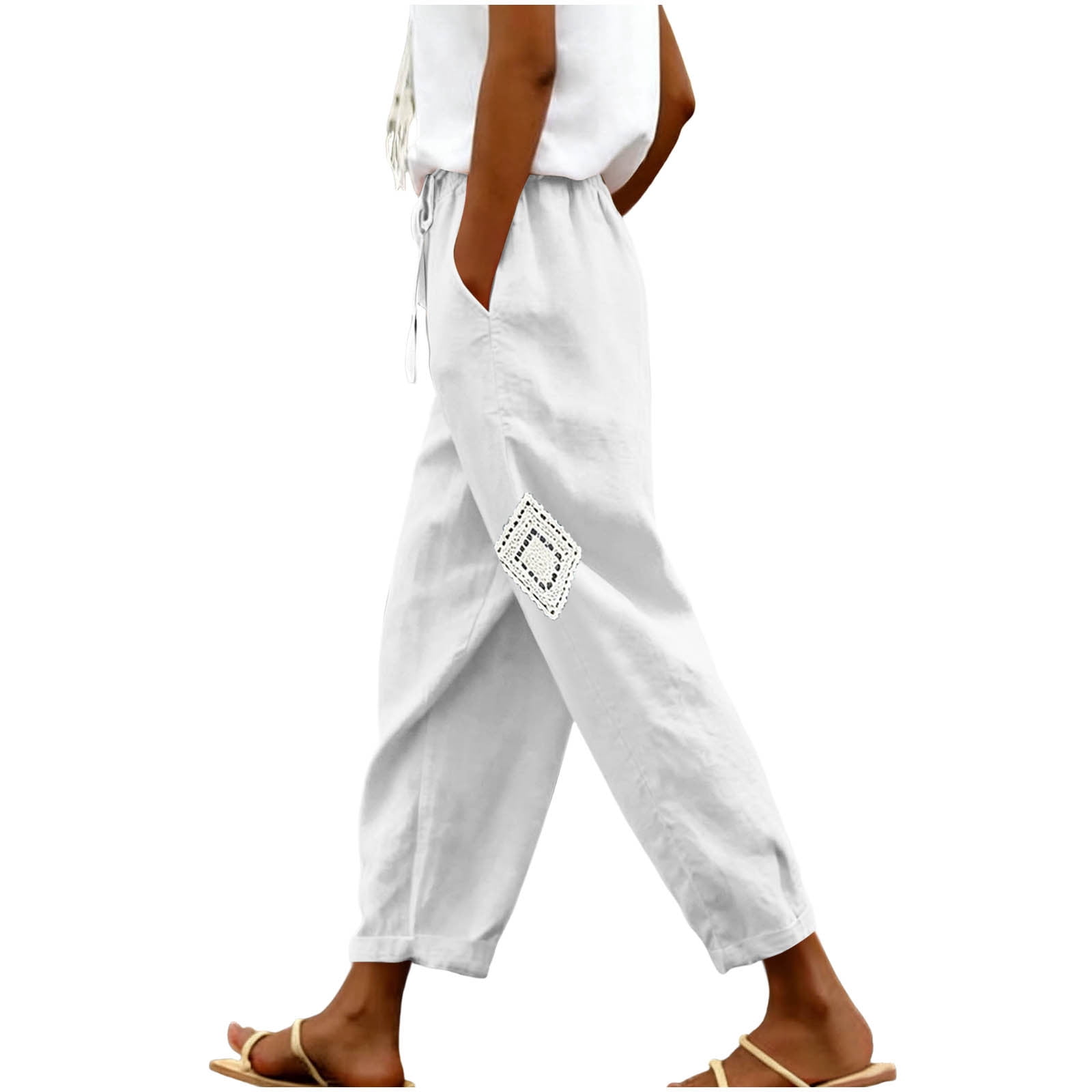 AKOEE Cotton Linen Cropped Pants for Women 7/8 Length Pockets Lace Side ...