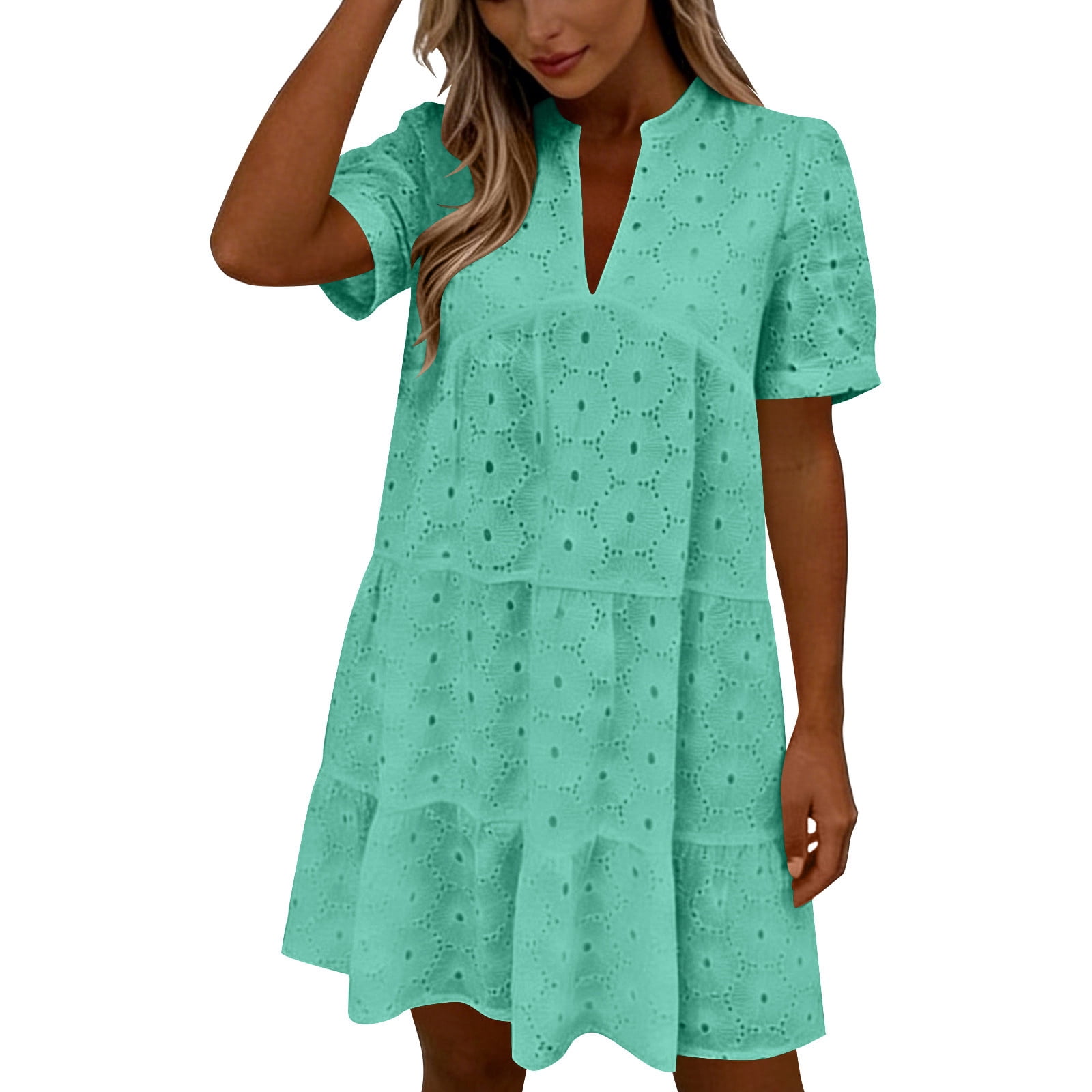 AKOEE Cute Summer Dress for Women Hollow-Out Lace Ruffle Tiered Short ...