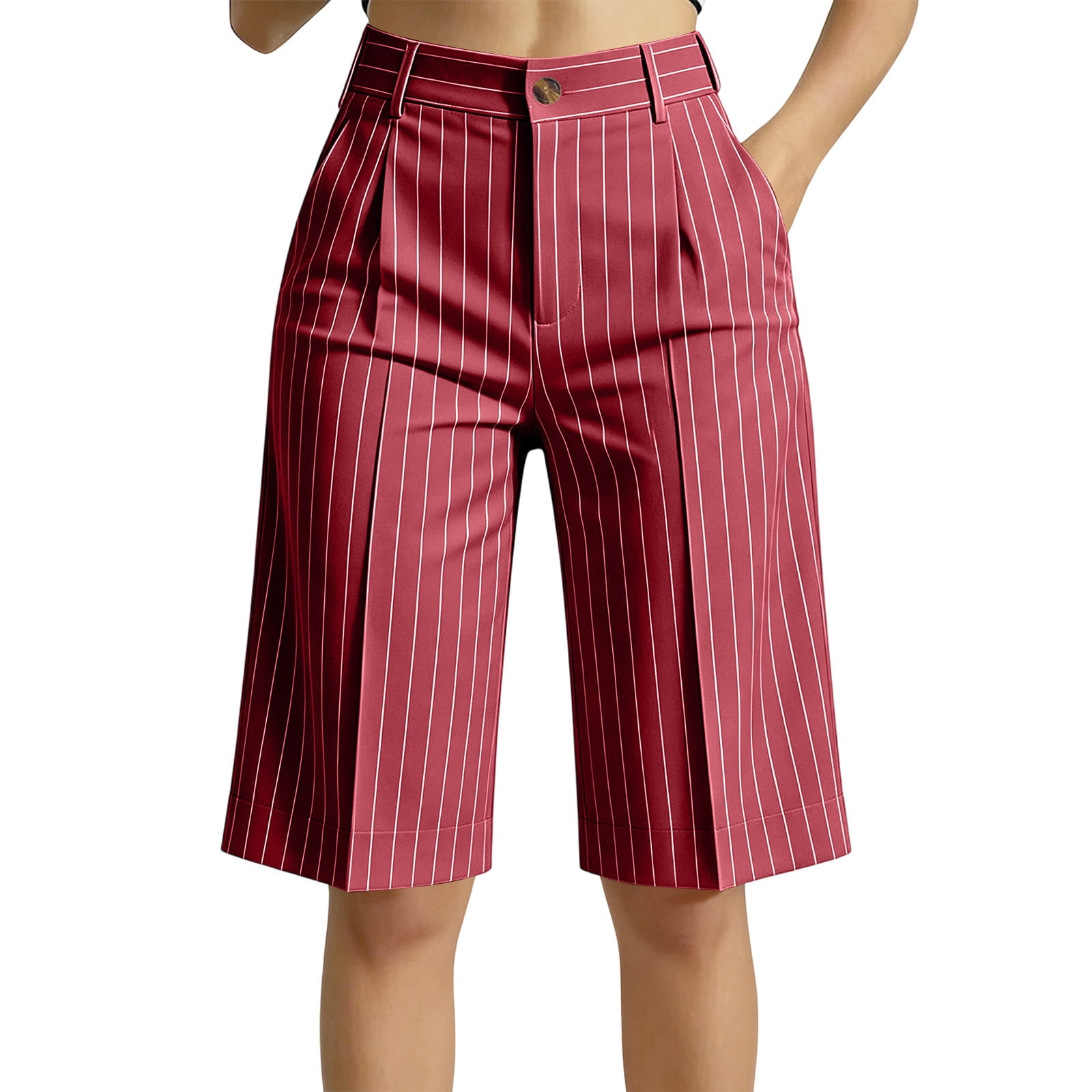 AKOEE Dress Work Shorts for Women Knee Length Striped Short Pants with ...
