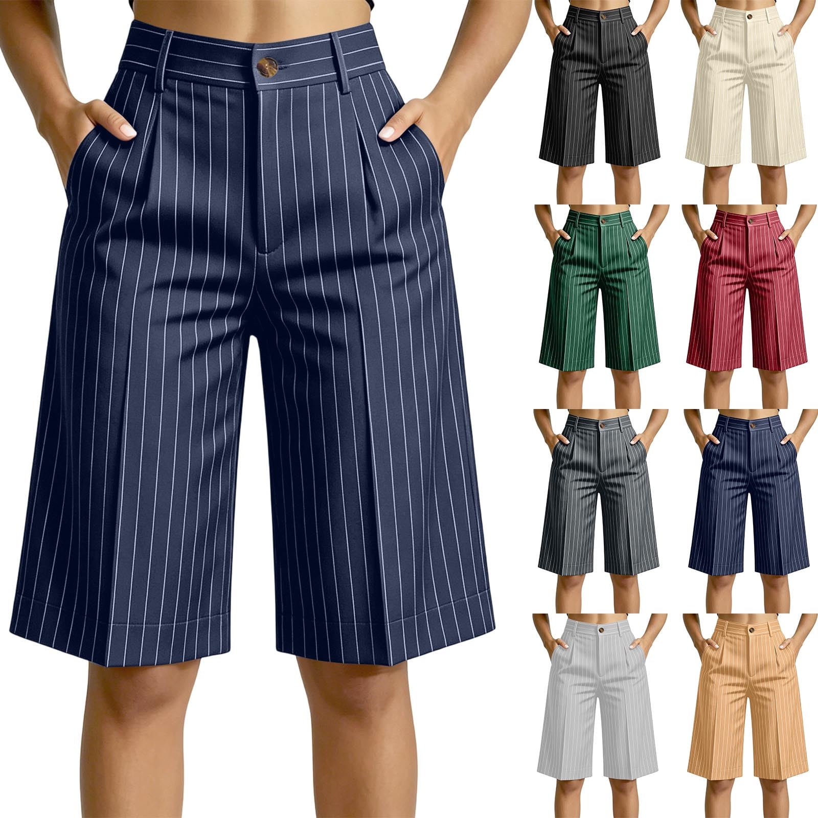 AKOEE Dress Work Shorts for Women Knee Length Striped Short Pants with ...