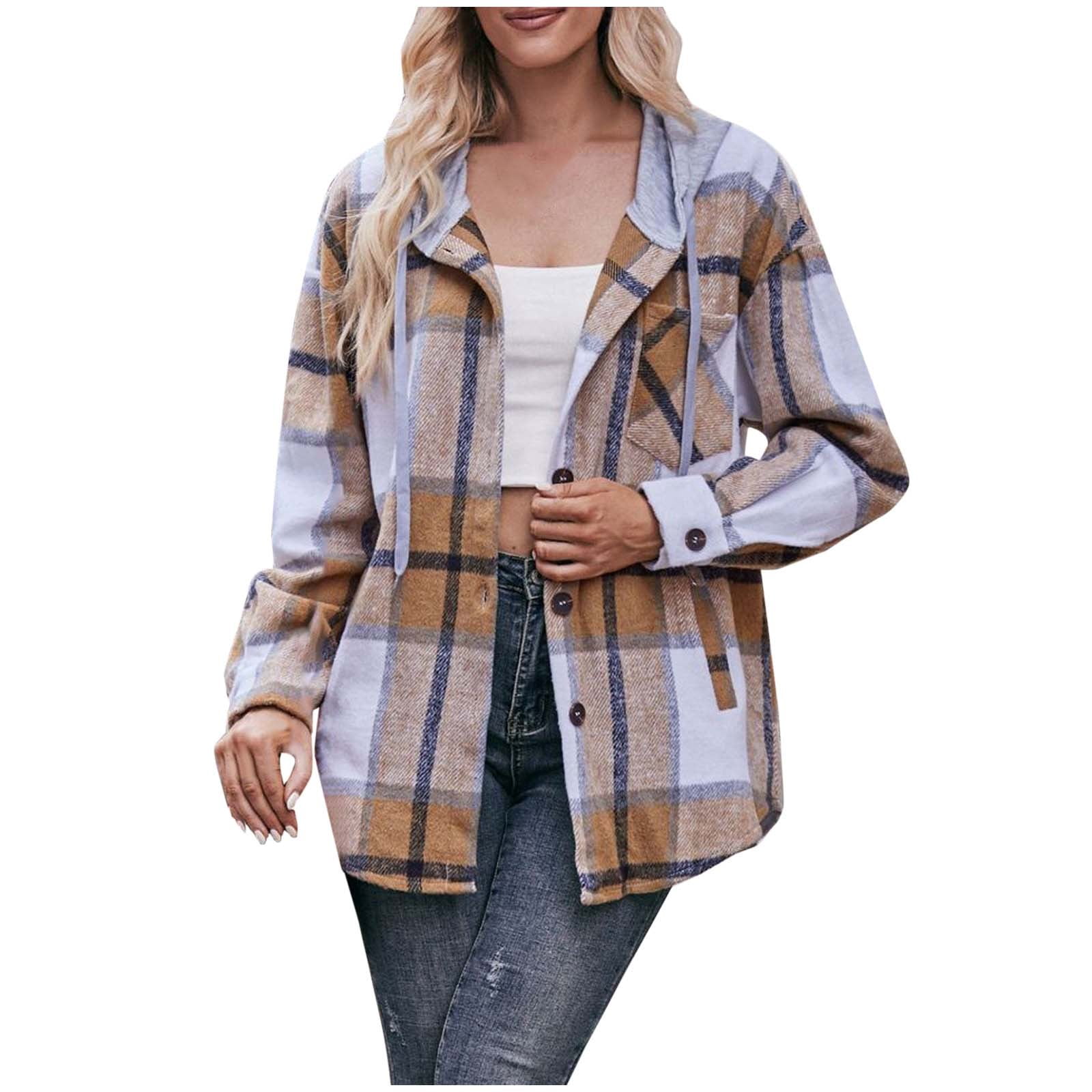 AKOEE Flannel Plaid Jackets for Women Hoodie Button Down Shirt Shackets ...
