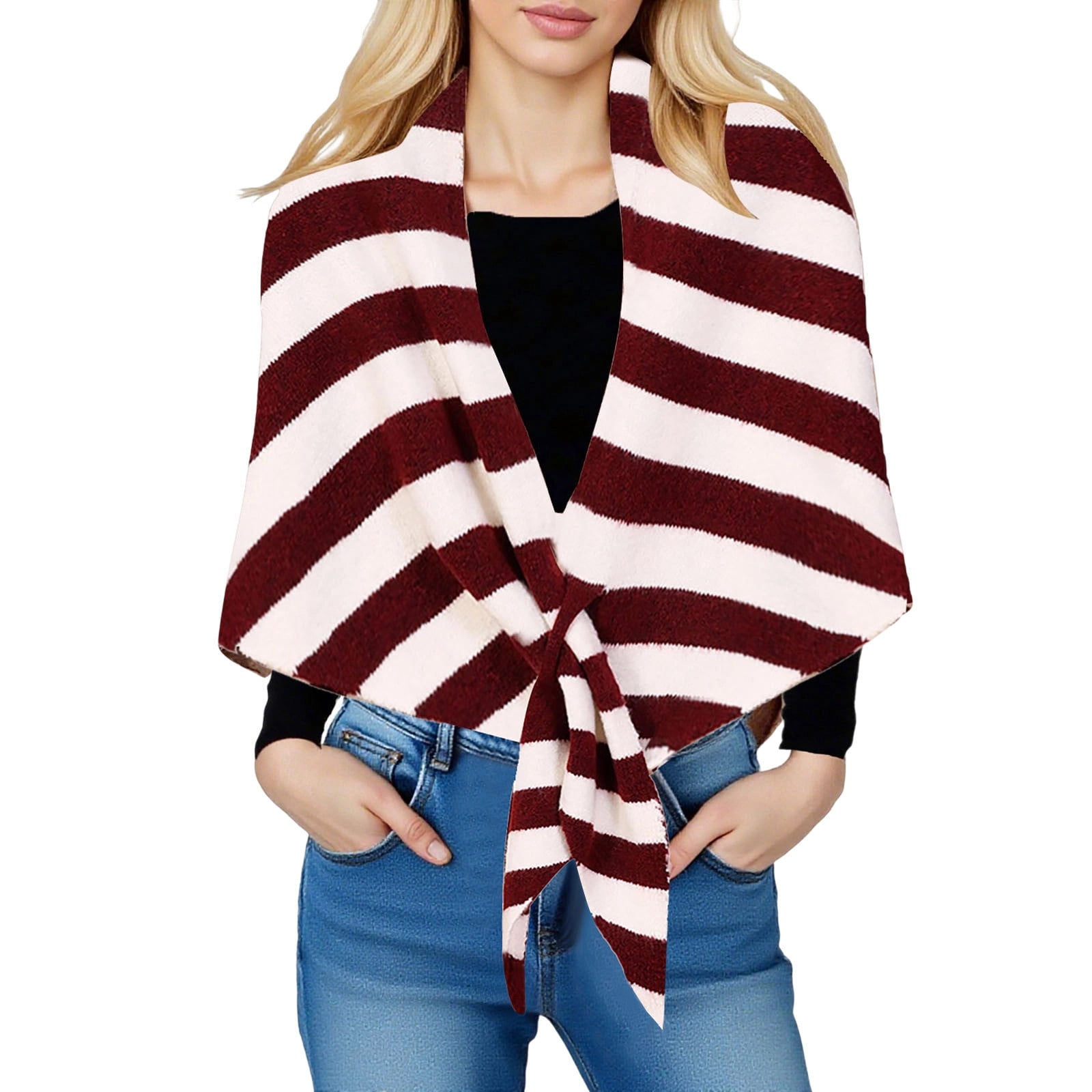 AKOEE Flannel Shawl Wraps Women Trendy Striped Plush Warm Knit Poncho ...