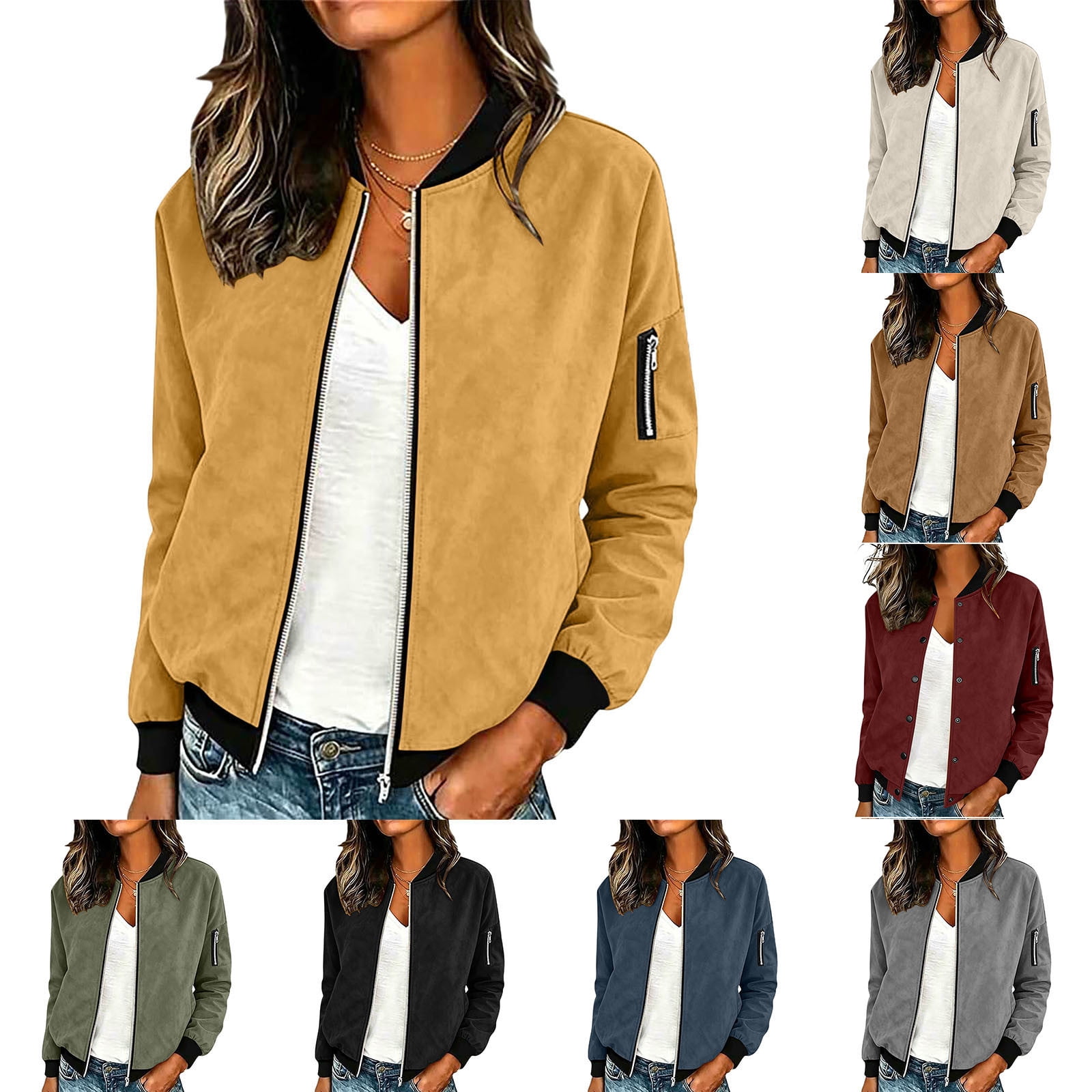 AKOEE Full Zip Jackets for Women Outerwear Faux-Suede Ribbed Long ...