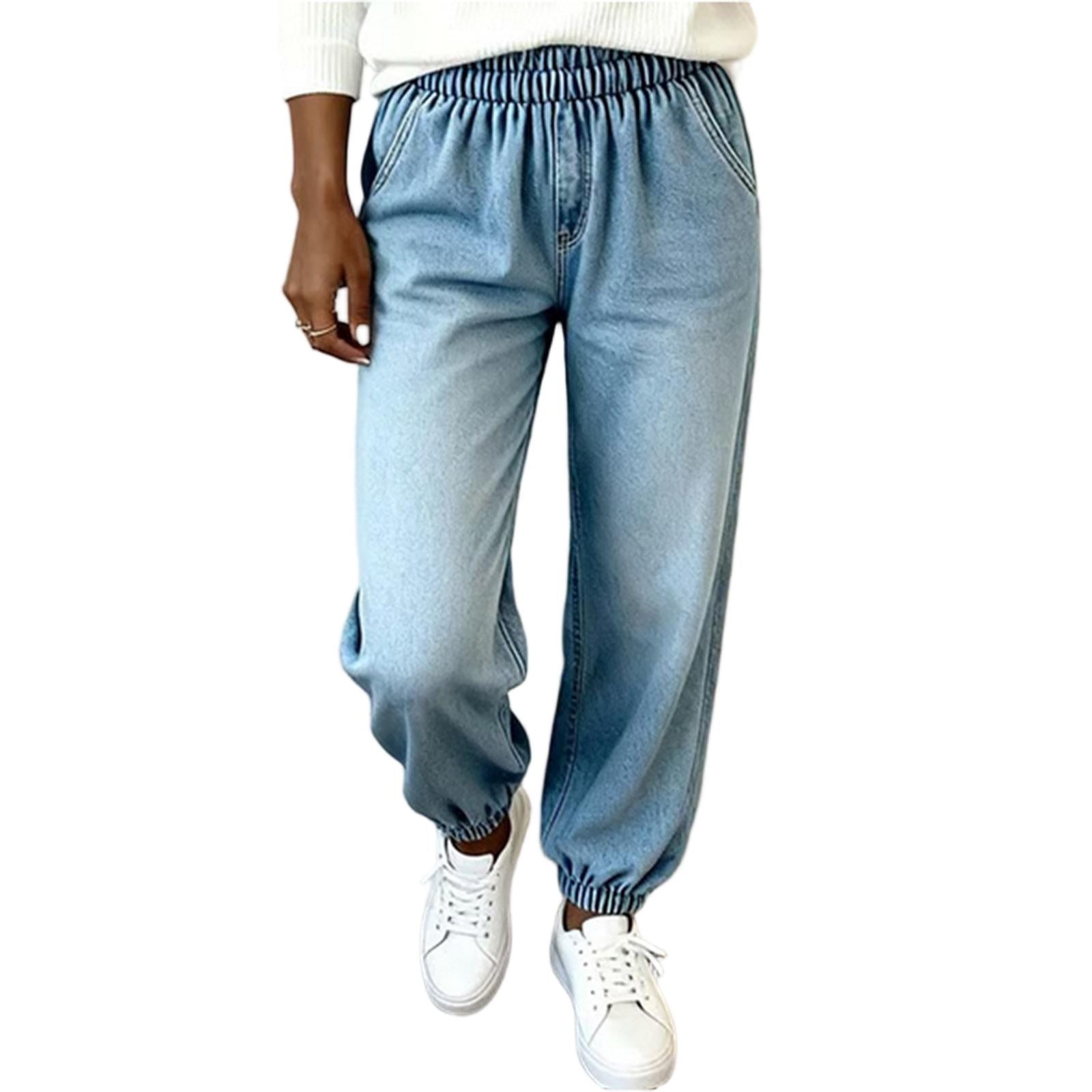 AKOEE Jeans for Women Elastic Waisted Loose Fit Denim Long Pants ...