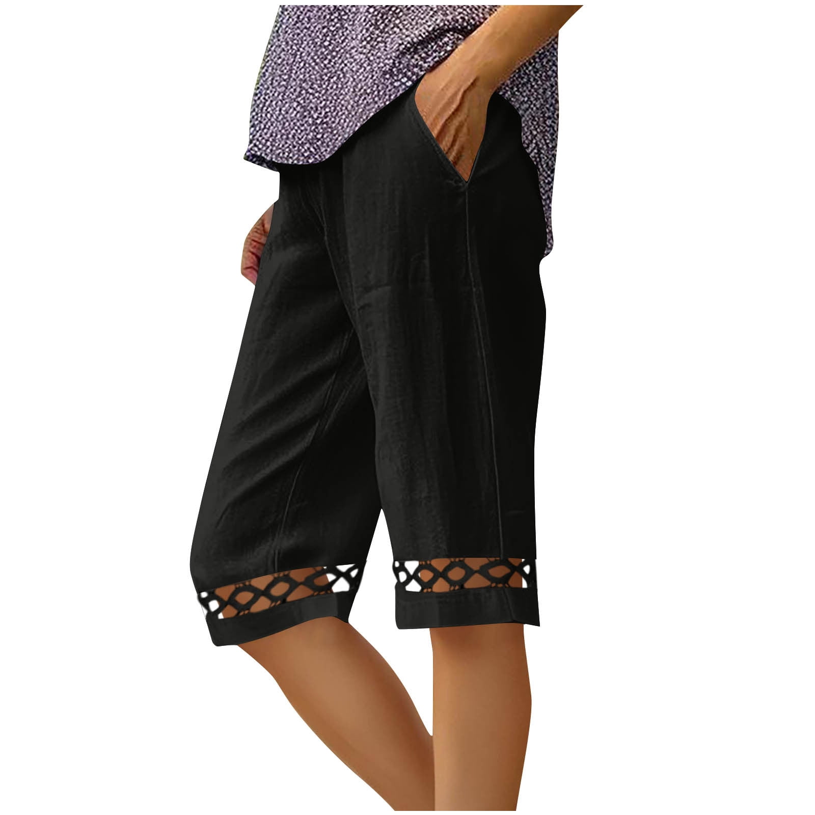 AKOEE Linen Long Shorts for Women Summer Fashion Hollow-out Lace Knee ...