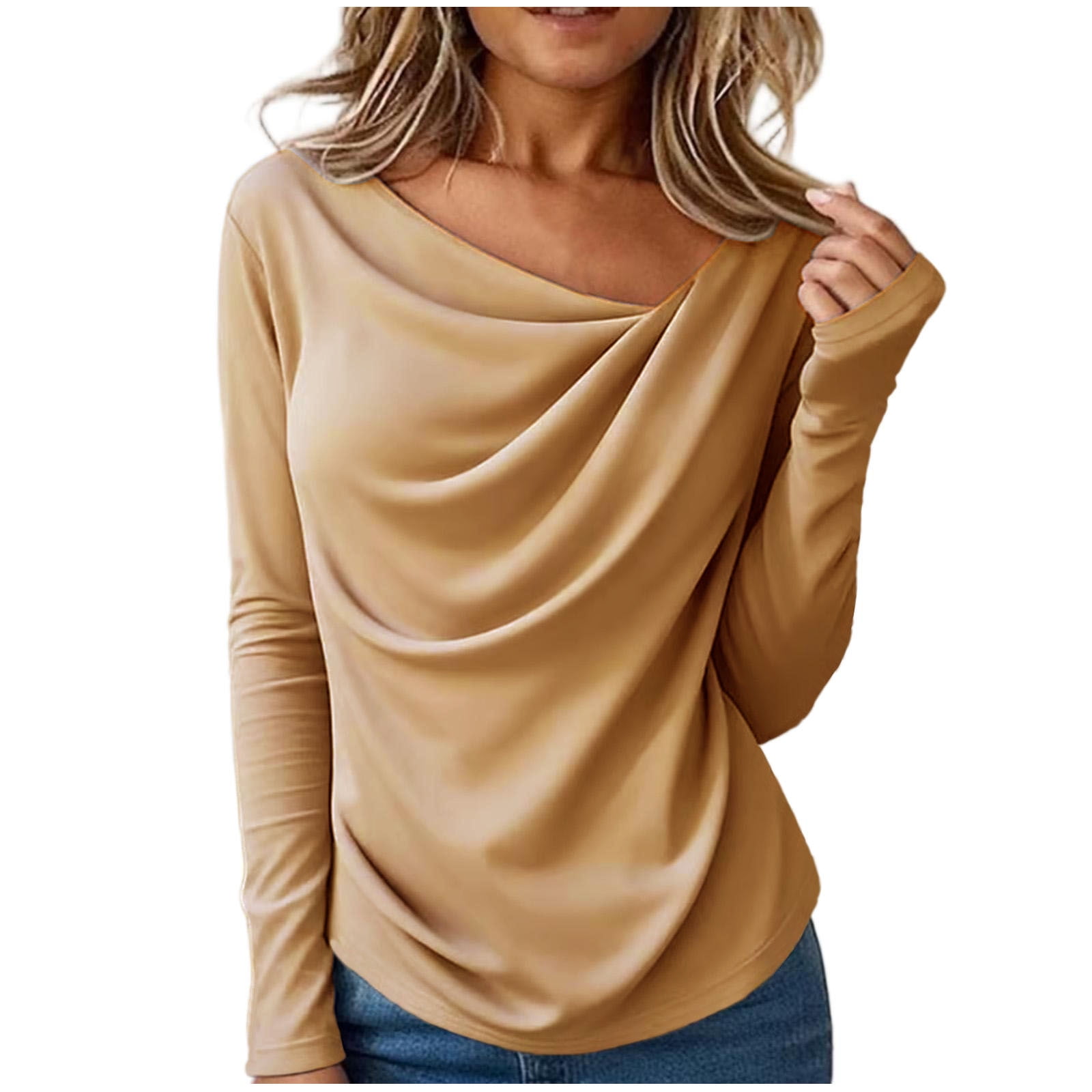 AKOEE Long Sleeve Tops for Women with Ruched Pleats Shoulder Detail ...