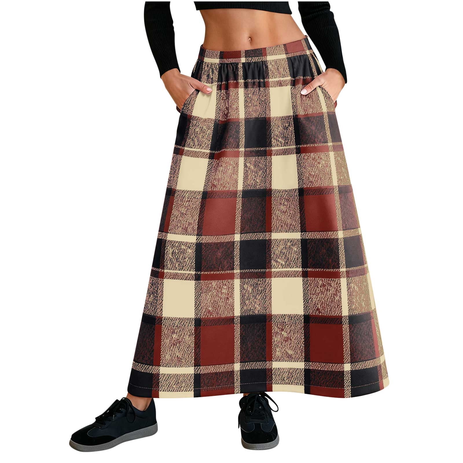 AKOEE Maxi Plaid Skirt Womens High Waist Flared Wool Blend Swing Long A ...