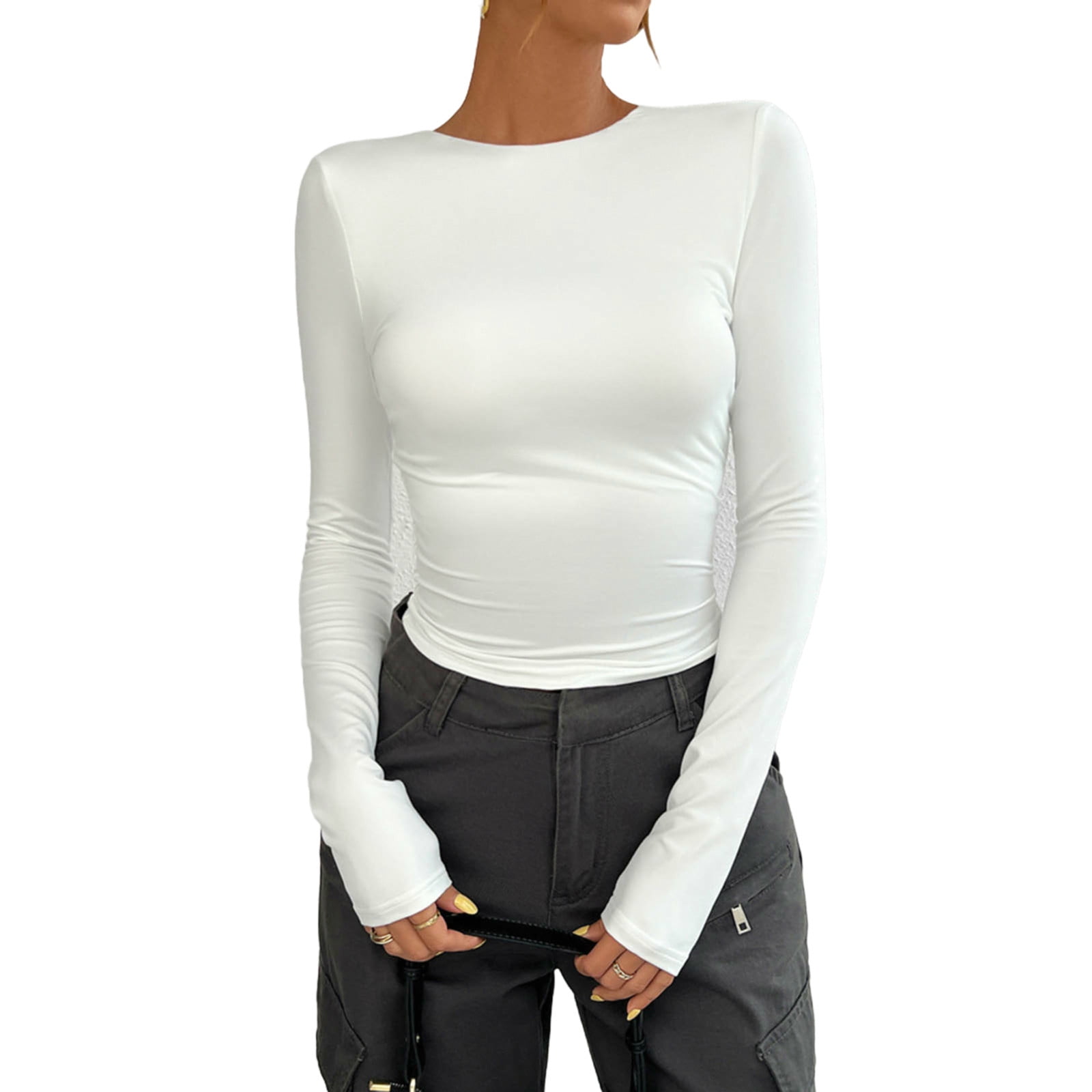 AKOEE Open Back Tops for Women, Long Sleeve Crop Top Crewneck Stretch T ...