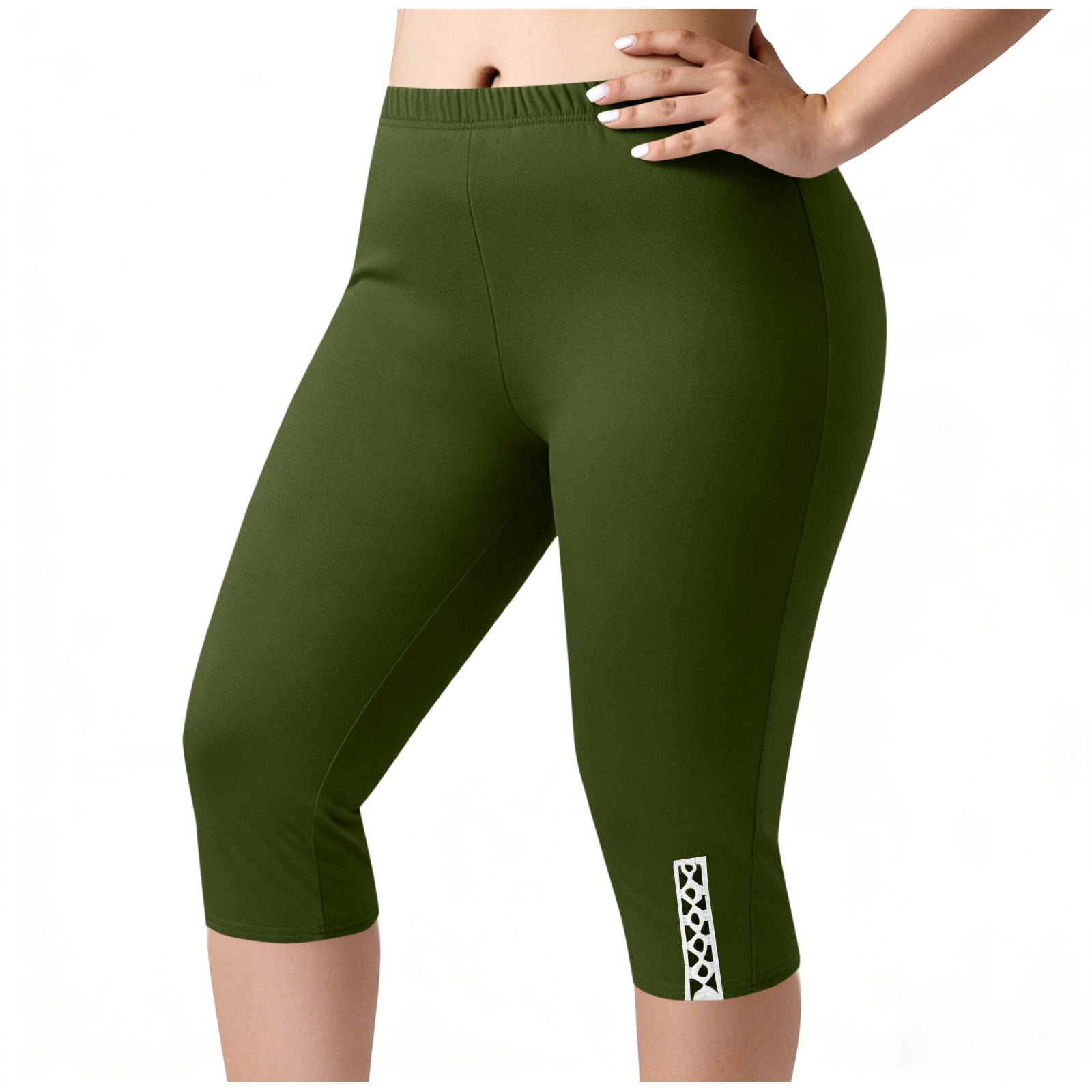 AKOEE Plus Size Capris with Lace Bottom Detailing Women Elastic Waist ...