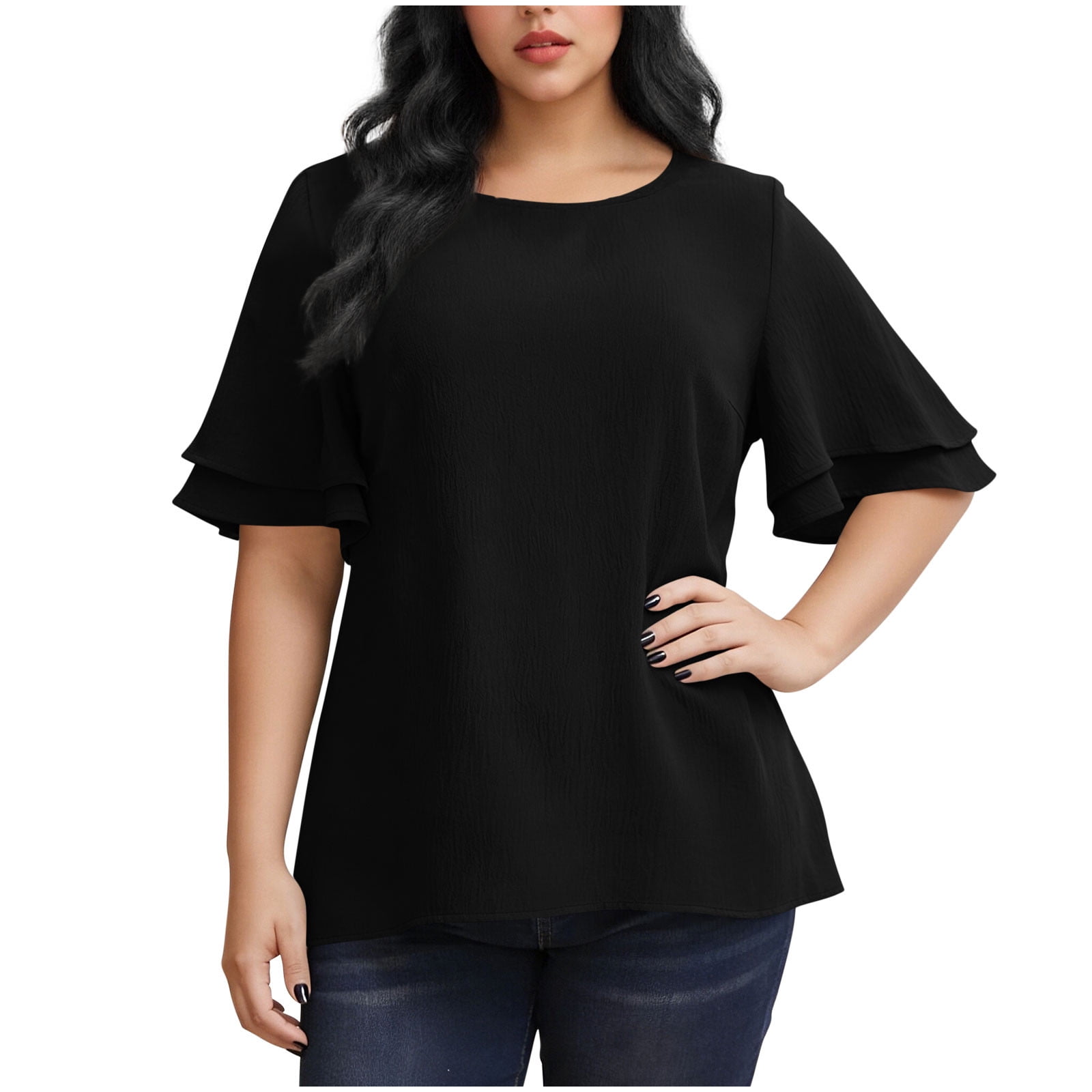 AKOEE Plus Size Dressy Tops for Women Summer 2026 Daul-layer Ruffled ...