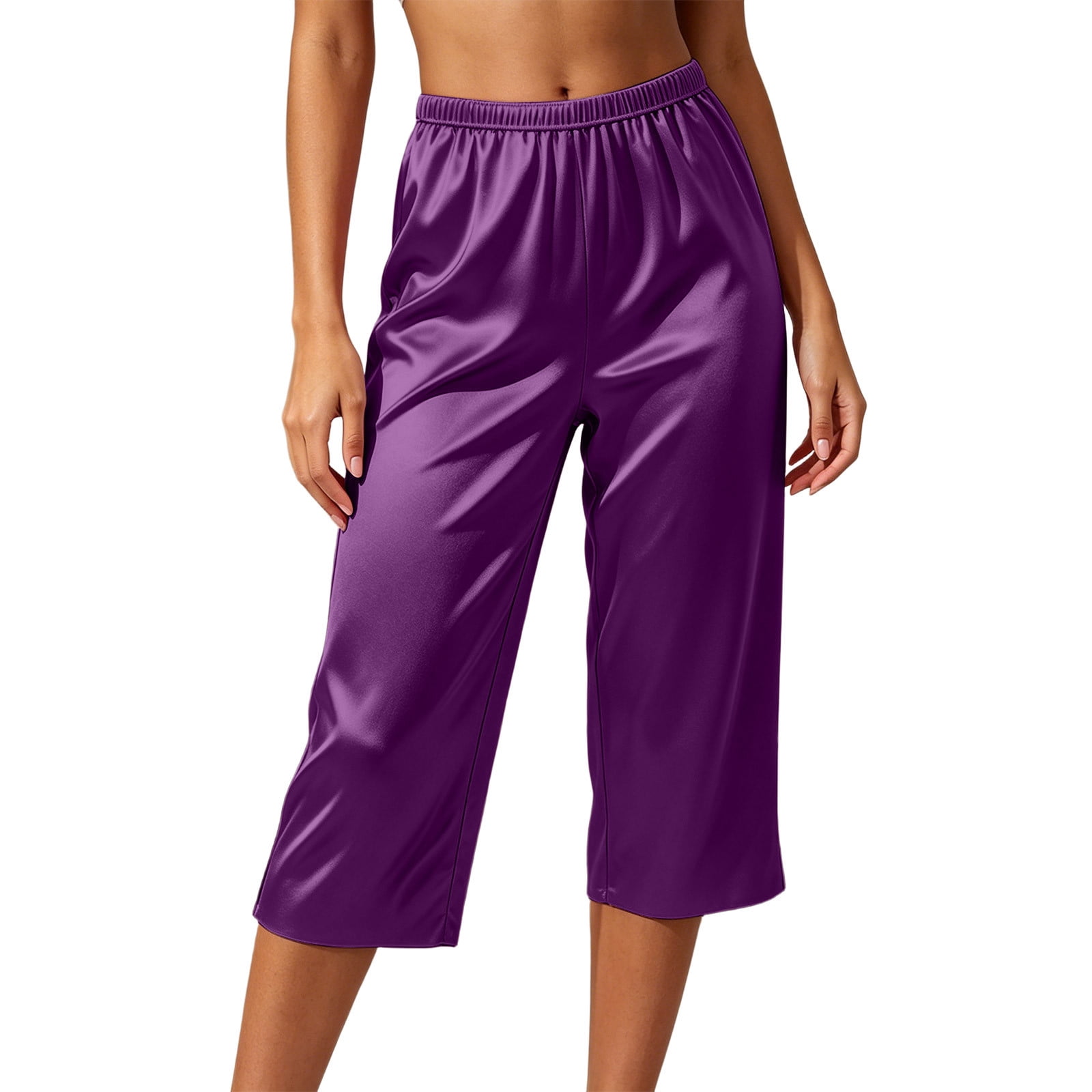 AKOEE Plus Size Lounge Capris for Women Elastic Waist Soft Satin ...