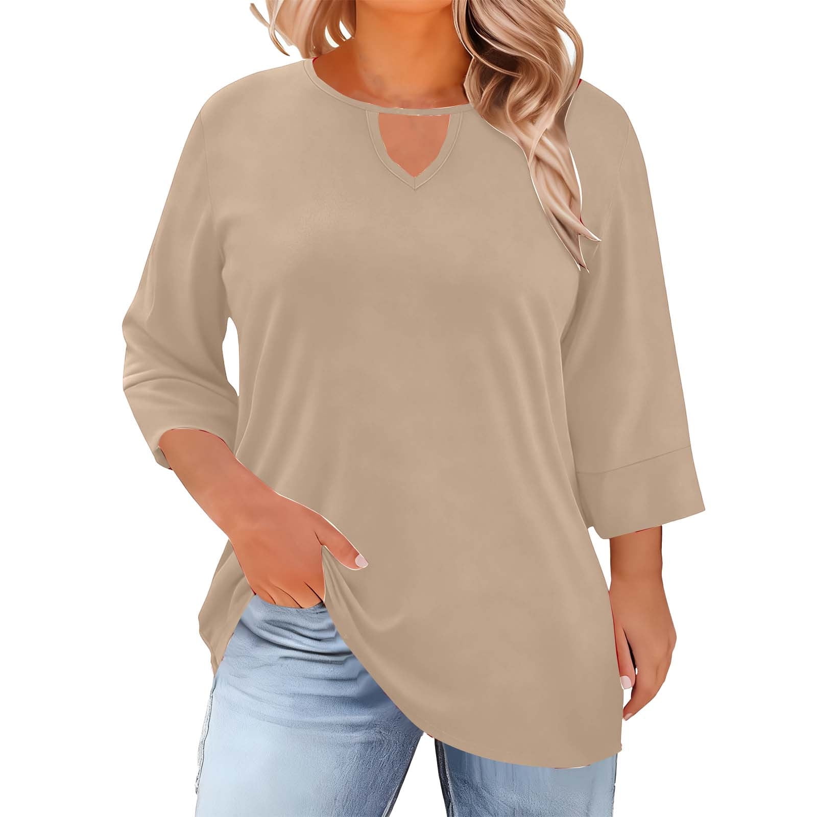 AKOEE Plus Size Tops for Women 3/4 Length Sleeve Cutout Crew Neck Plain ...