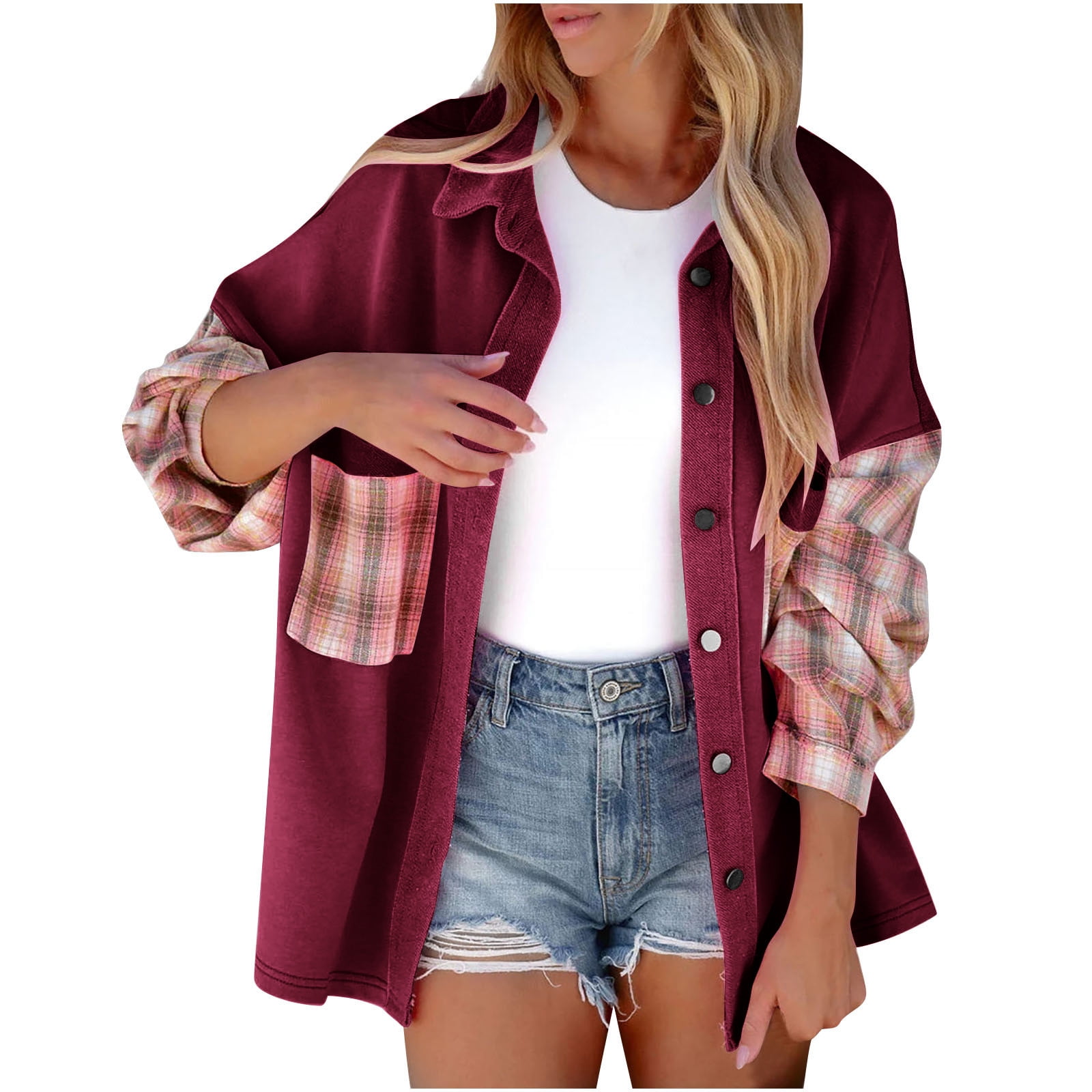 AKOEE Polyester Fall Jackets Plaid Patchwork Button Up Lapel Collar ...