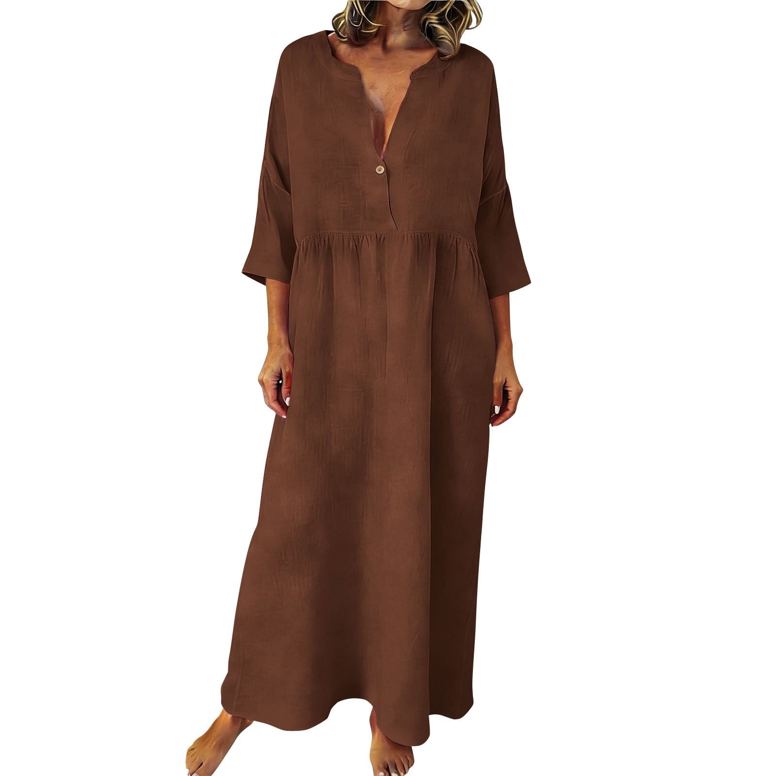 AKOEE Summer Linen Maxi Dress Women 3/4 Sleeve Button V Neck Long ...
