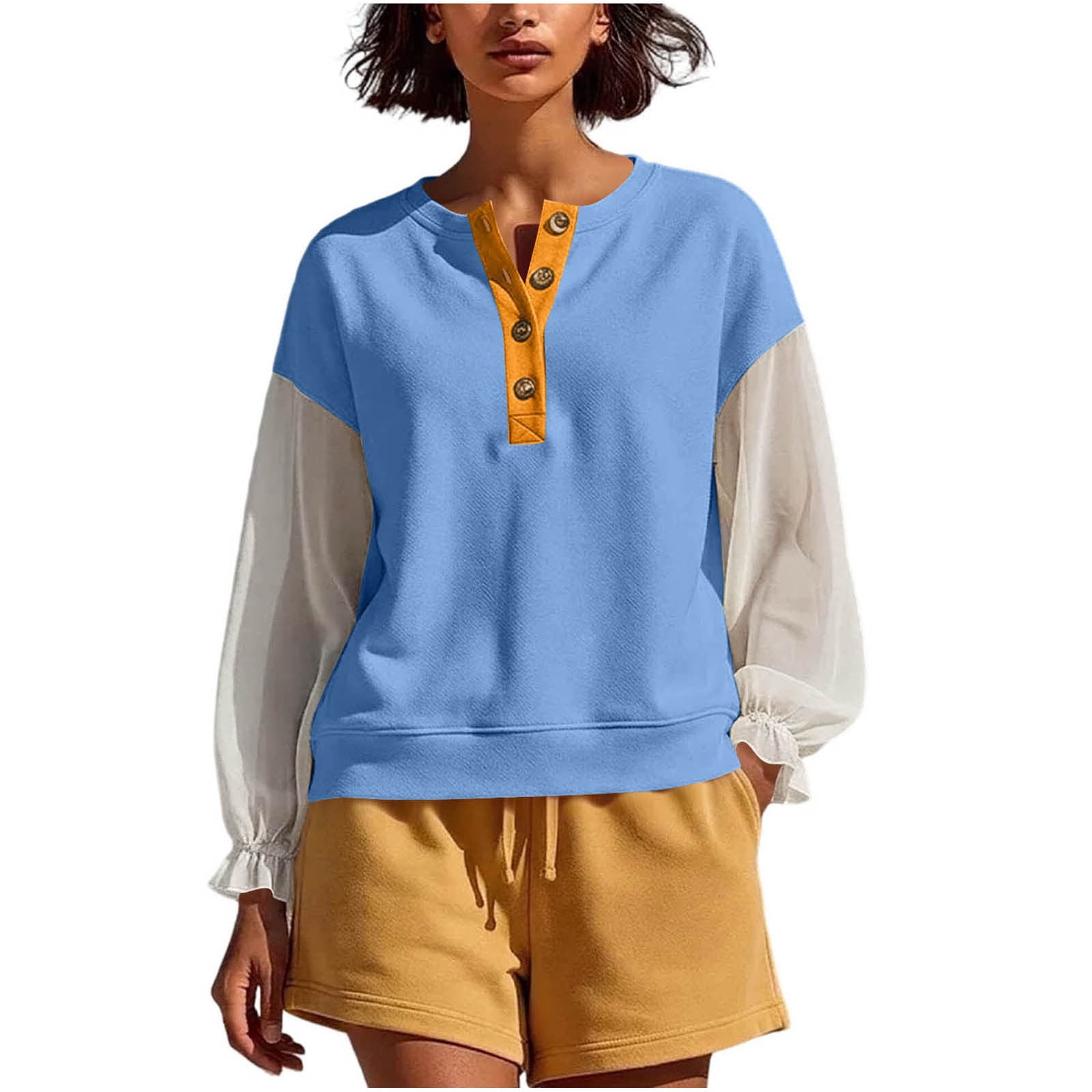 AKOEE Trendy Sweatshirts for Women Mesh Patchwork Drop Shoulder Long ...