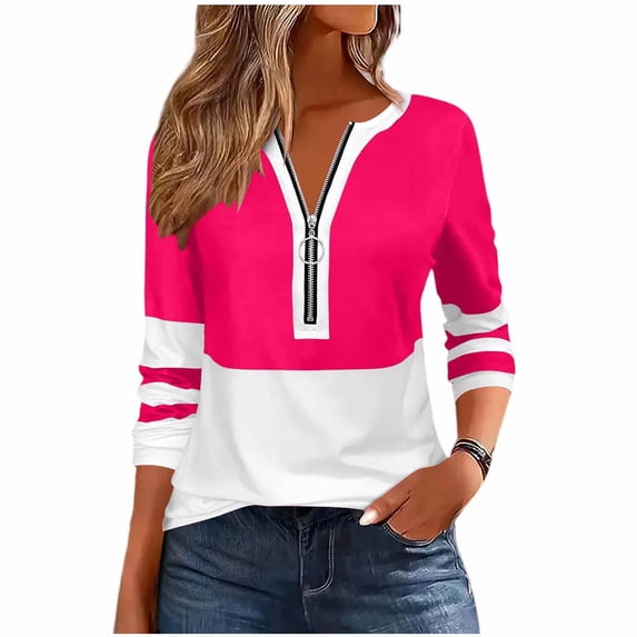 AKOEE Women 1/2 Zip Pullover Tops Colorblock Striped Long Sleeve S-3XL ...