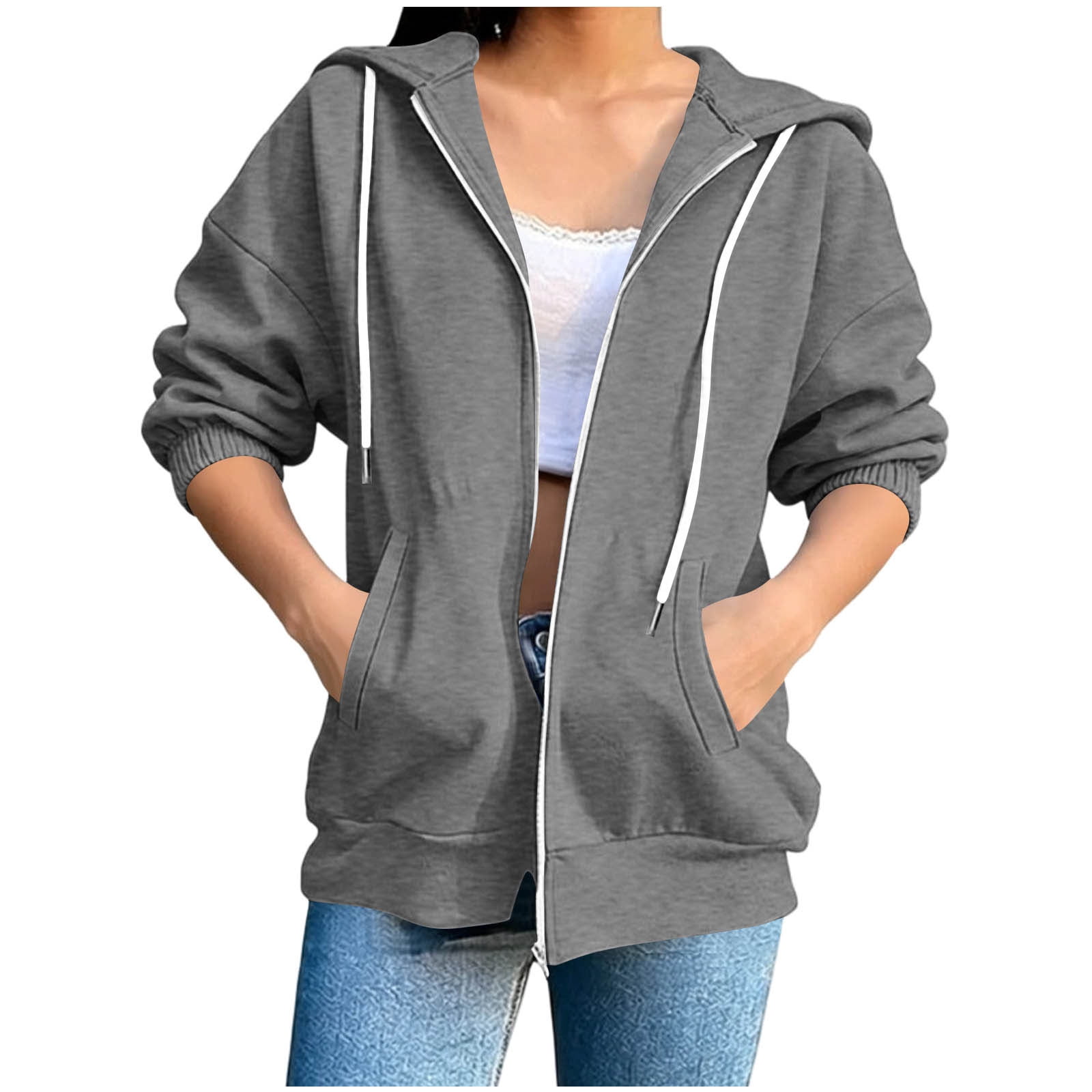 AKOEE Women Full Zip Hoodie Jackets 3/4 Sleeve Elastic Cuff Hooded ...