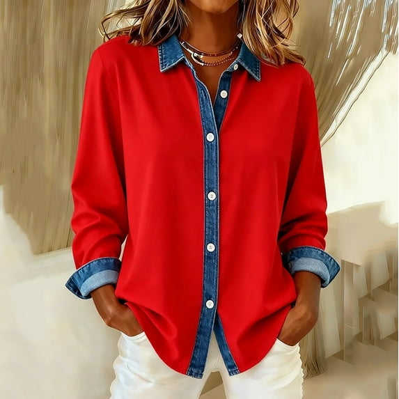 Women's Button Down Shirts Cotton Denim Patchwork Fashion Shackets ...