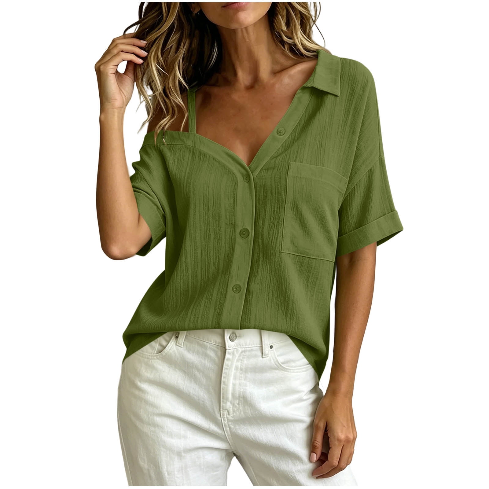 AKOEE Women's Button Up Shirts Cold Shoulder Short Sleeve Lapel V Neck ...