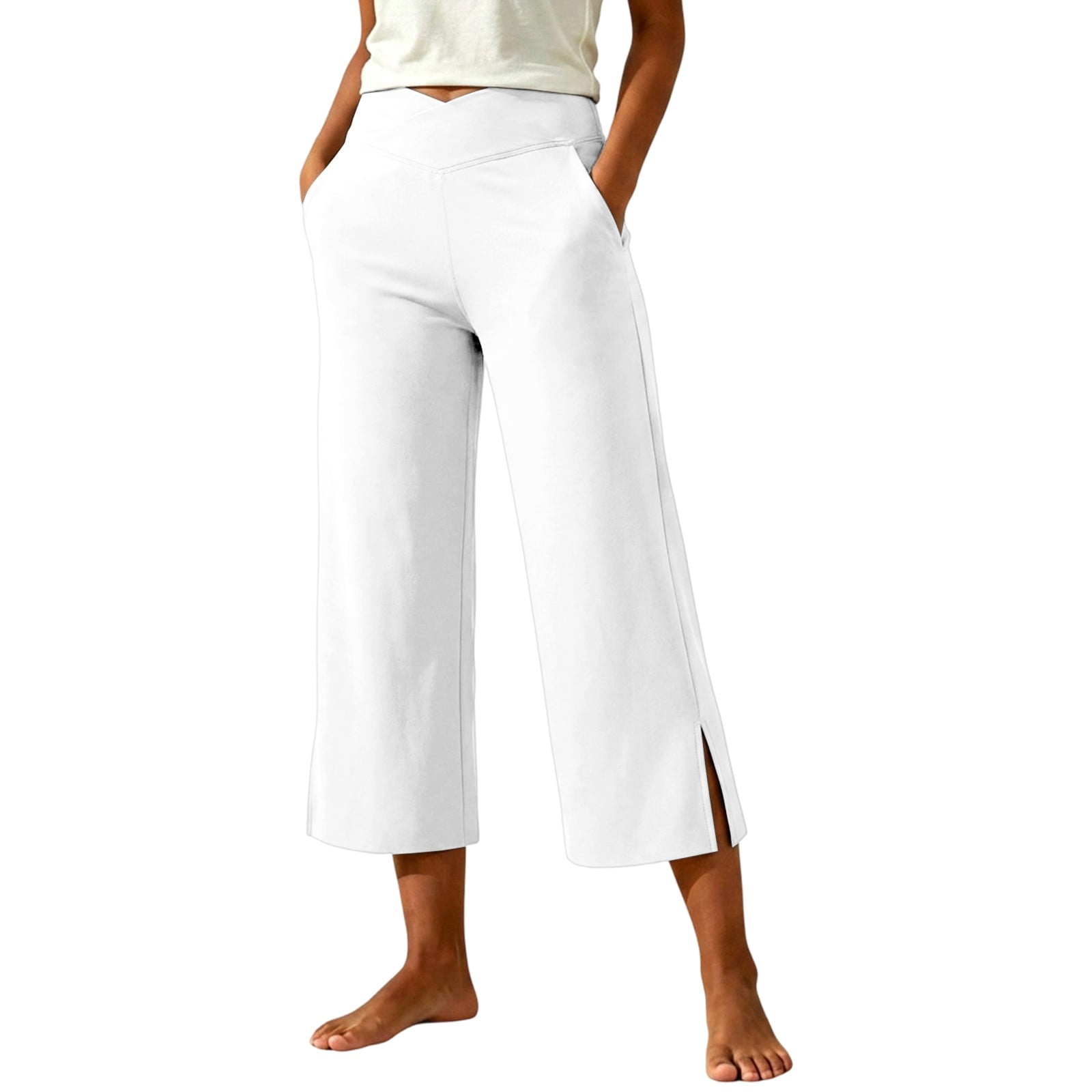 AKOEE Women's Capris Crossover High Waisted Stretch Straight Fit Capri ...