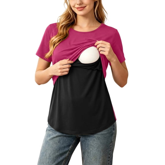 AKOEE Women's Maternity Tops Colorblock Soft Double Layer Breastfeeding ...