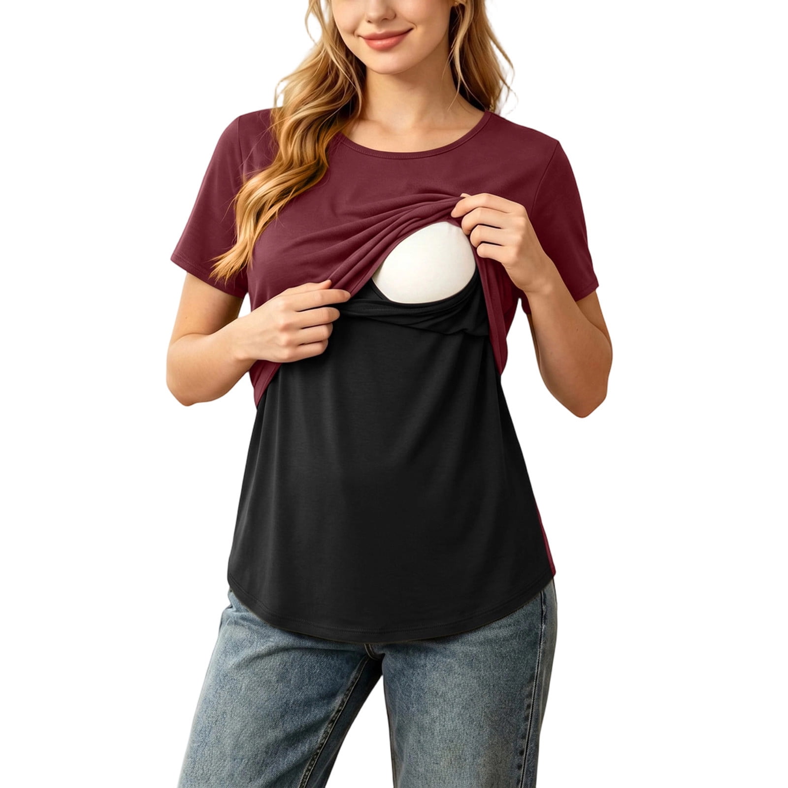 AKOEE Women's Maternity Tops Colorblock Soft Double Layer Breastfeeding ...