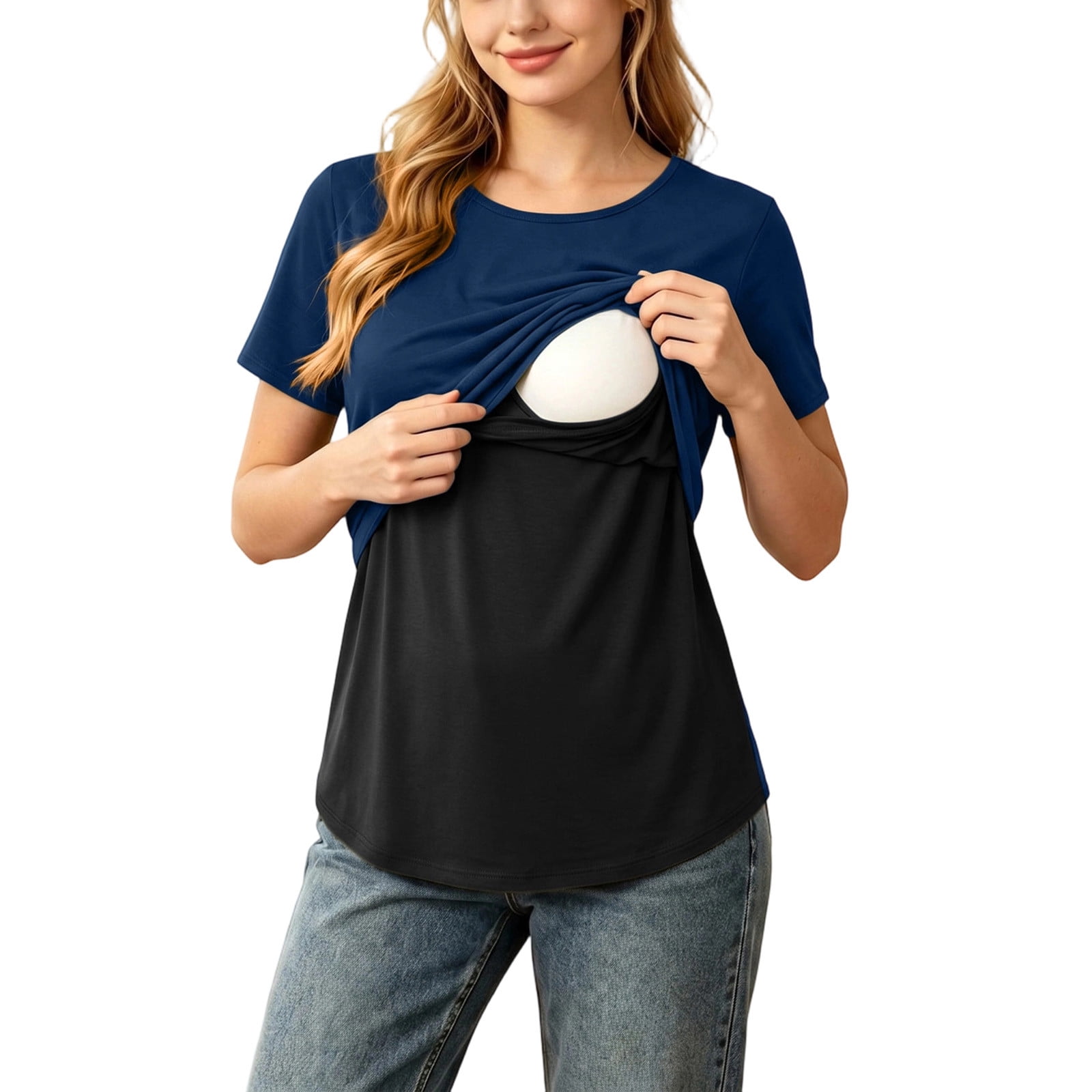 AKOEE Women's Maternity Tops Colorblock Soft Double Layer Breastfeeding ...