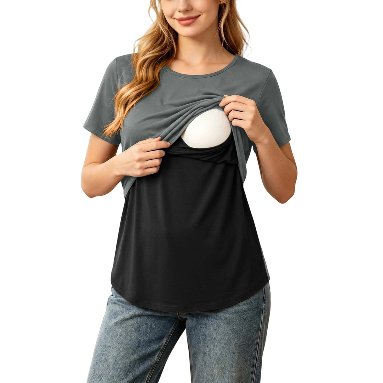 AKOEE Women's Maternity Tops Colorblock Soft Double Layer Breastfeeding ...
