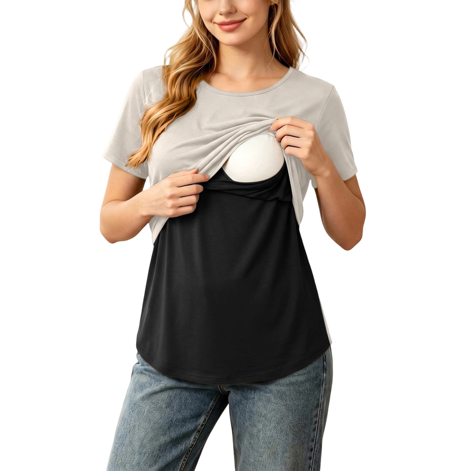 AKOEE Women's Maternity Tops Colorblock Soft Double Layer Breastfeeding ...