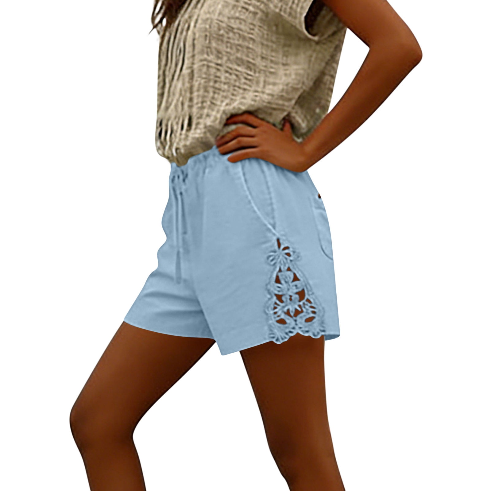 AKOEE Women's Summer Shorts Side Hollow Out Floral Lace Casual Linen ...