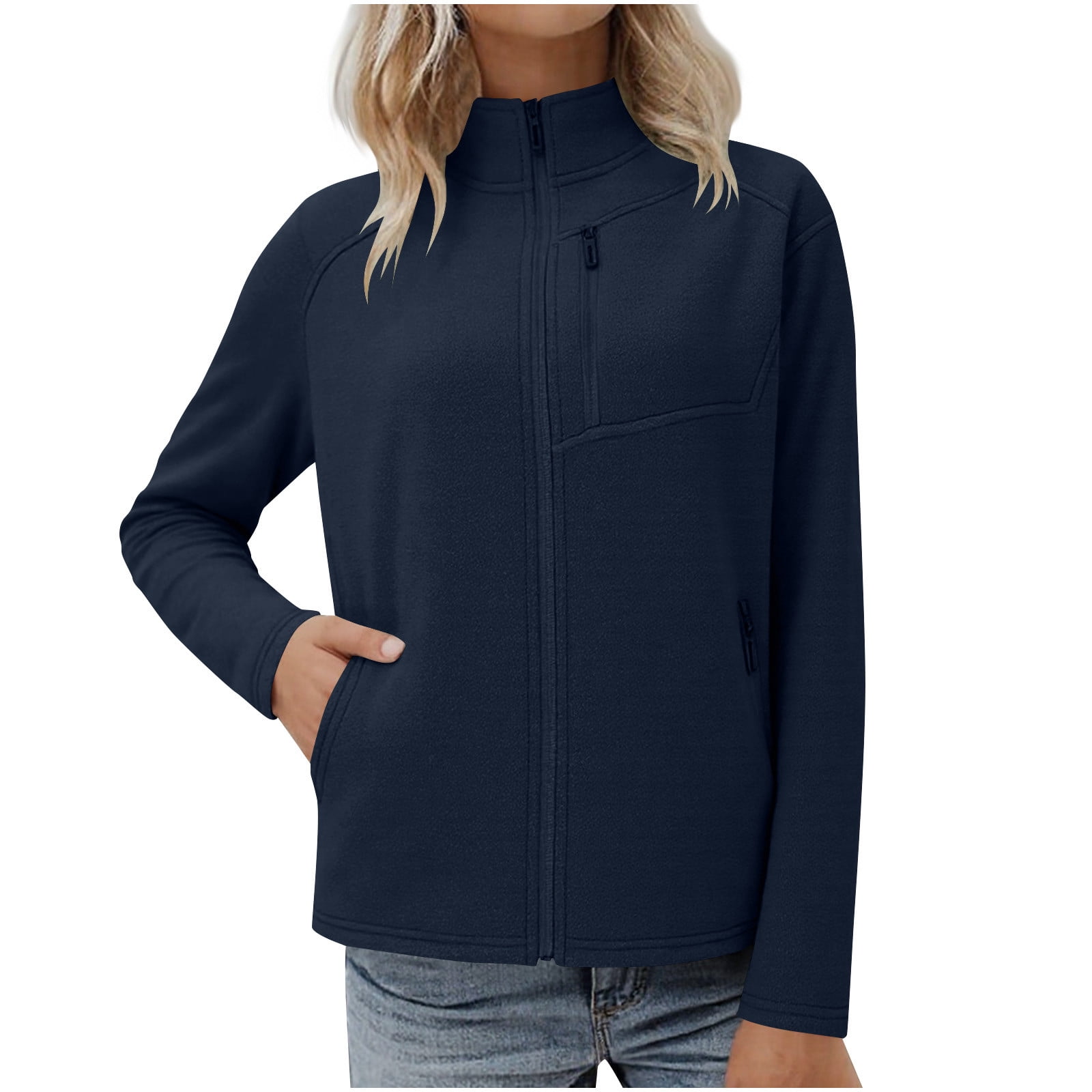AKOEE Women's Zipper Jackets No Hood Stand Collar Full Zip Sweater Coat ...